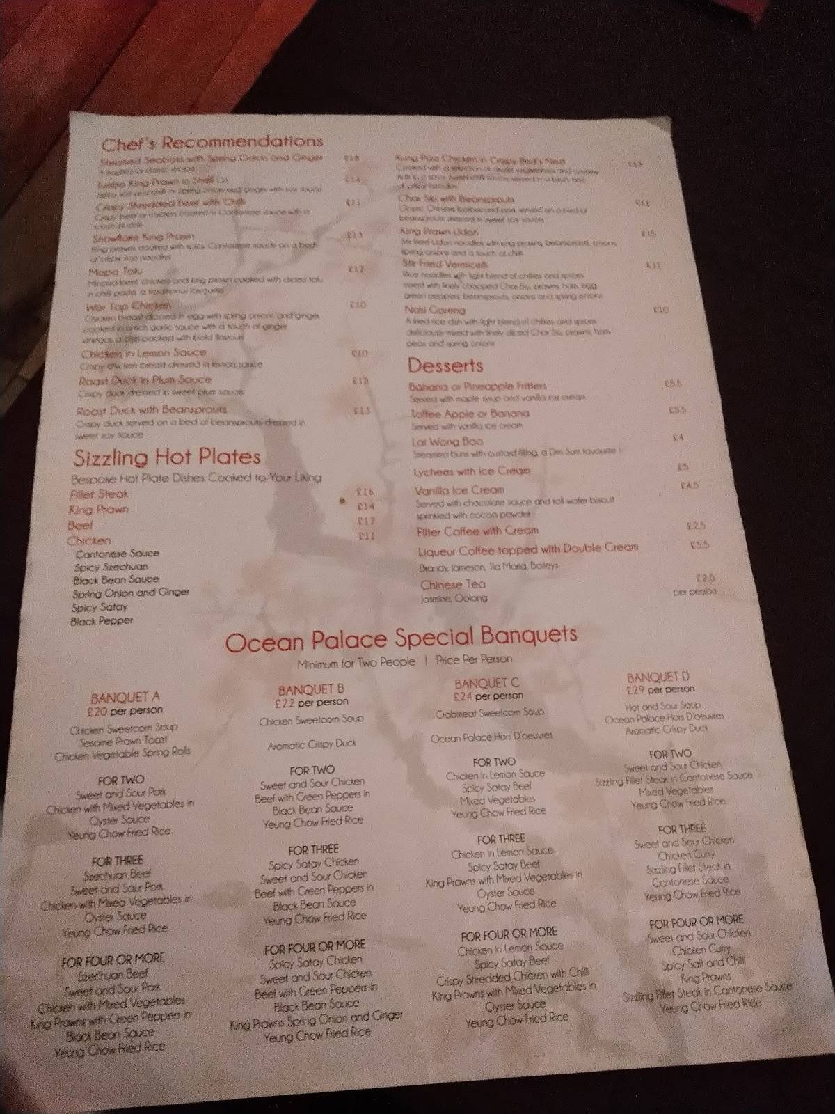 Menu at Ocean Palace restaurant, Blackpool