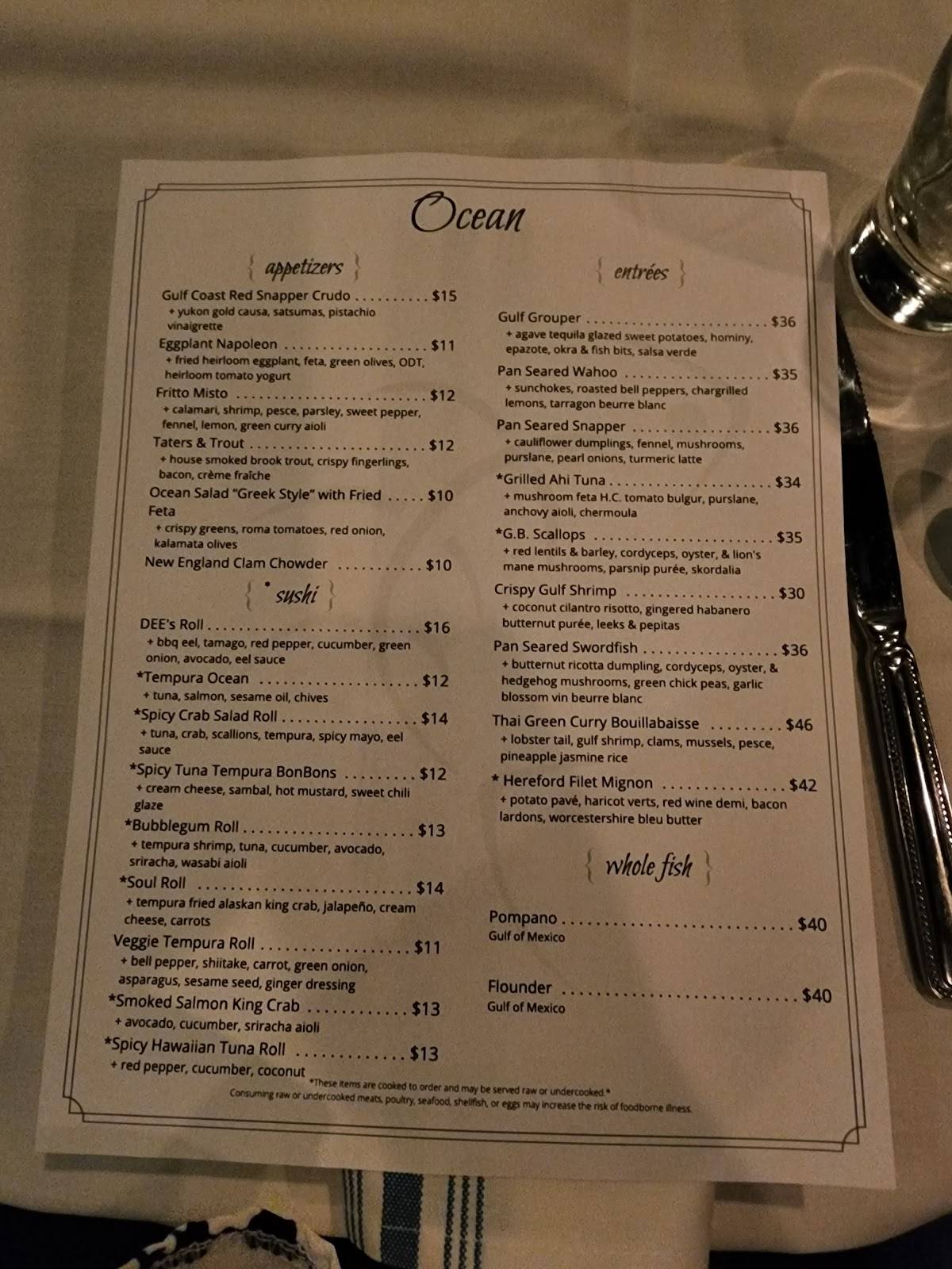 Menu at Ocean Restaurant, Birmingham