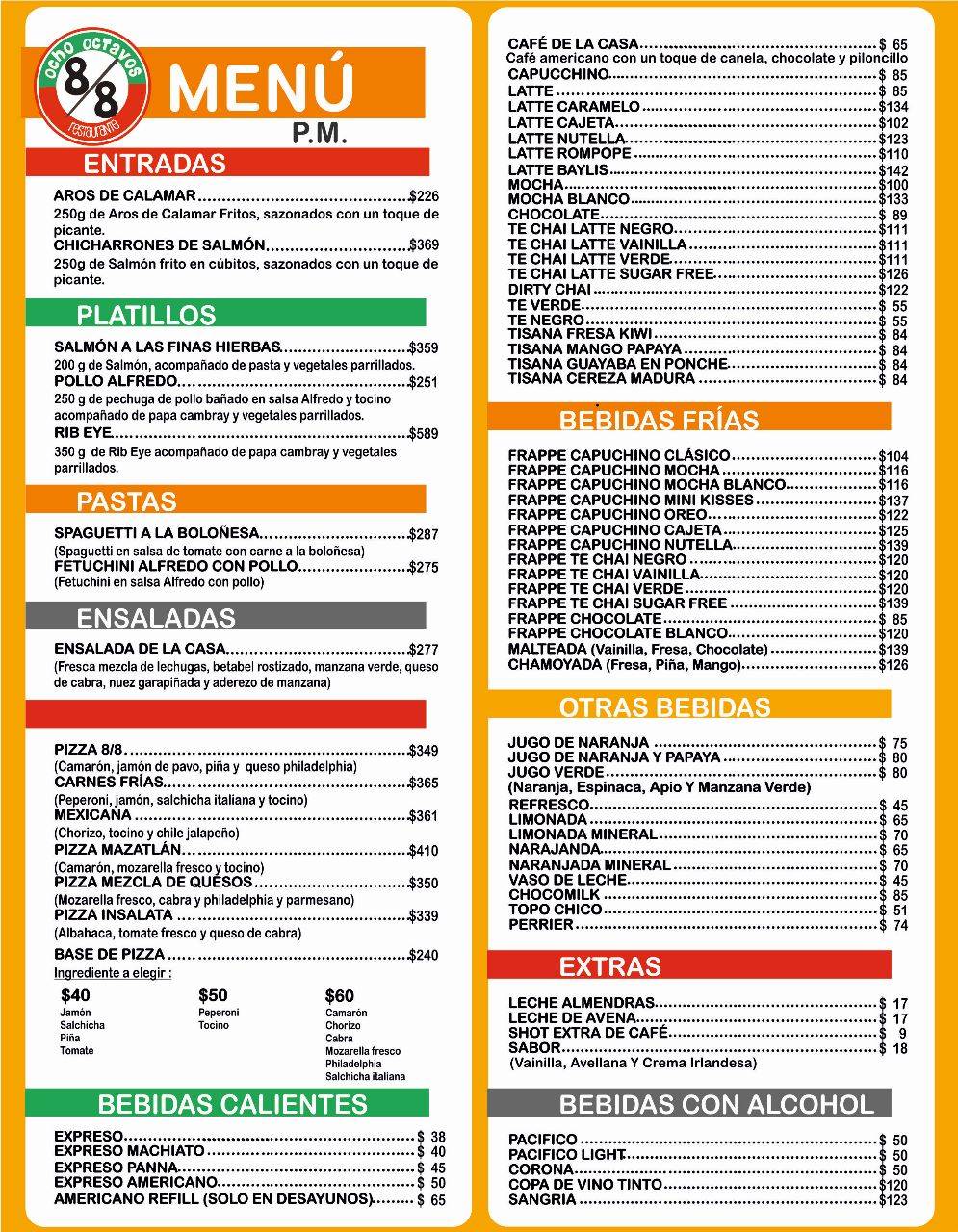 Carta del restaurante Ocho Octavos, Mazatlán