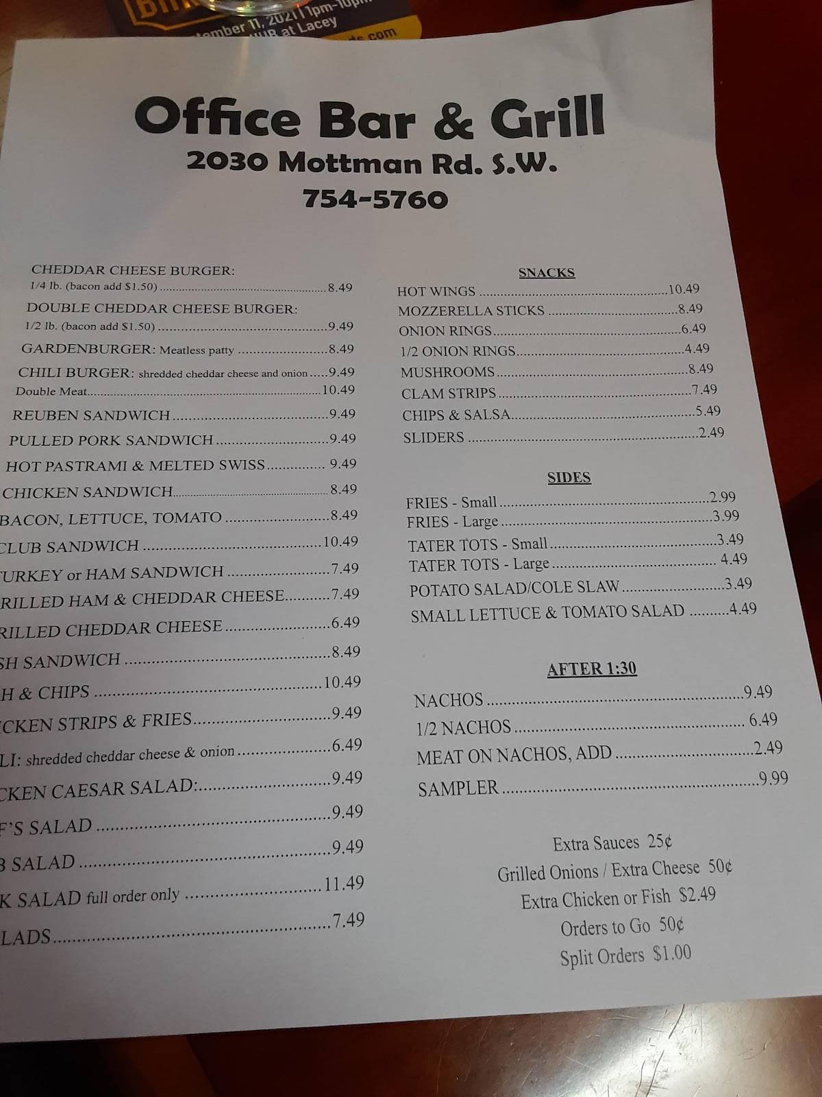Menu at The Office Tavern pub & bar, Tumwater