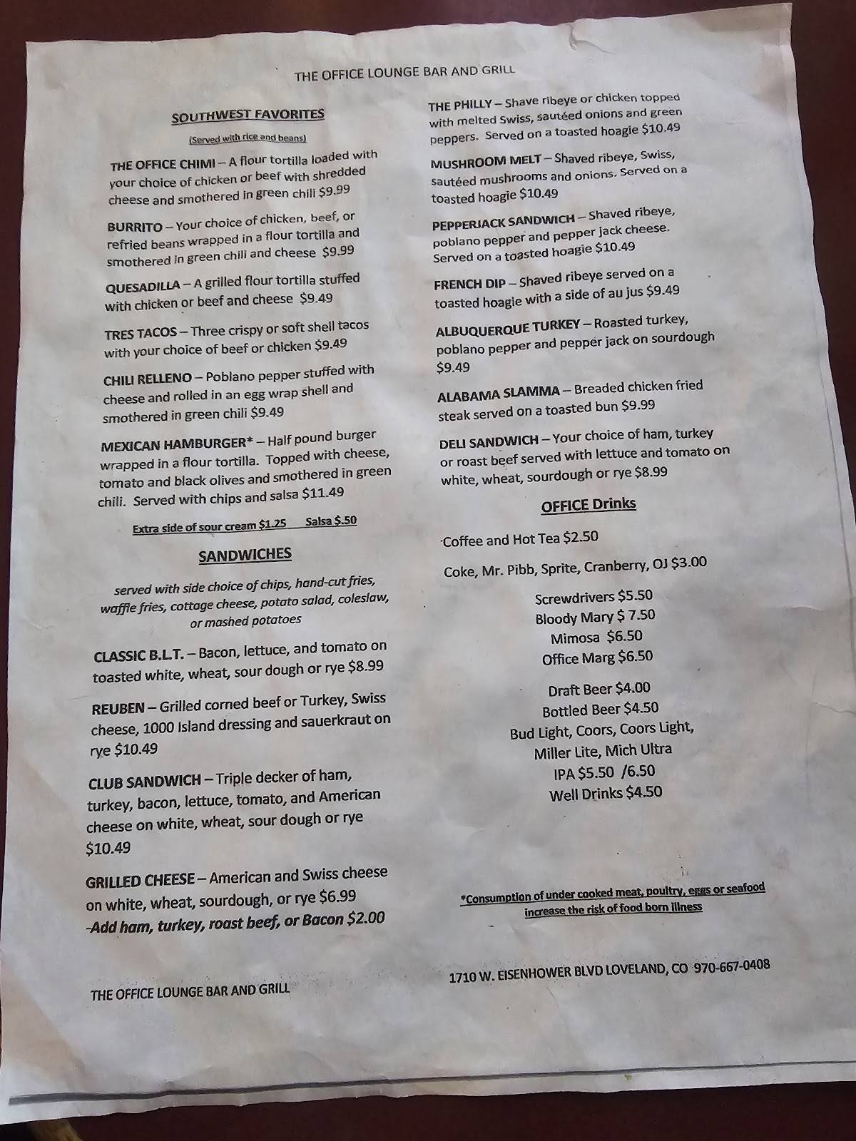 Menu at Office Grill & Saloon pub & bar, Loveland