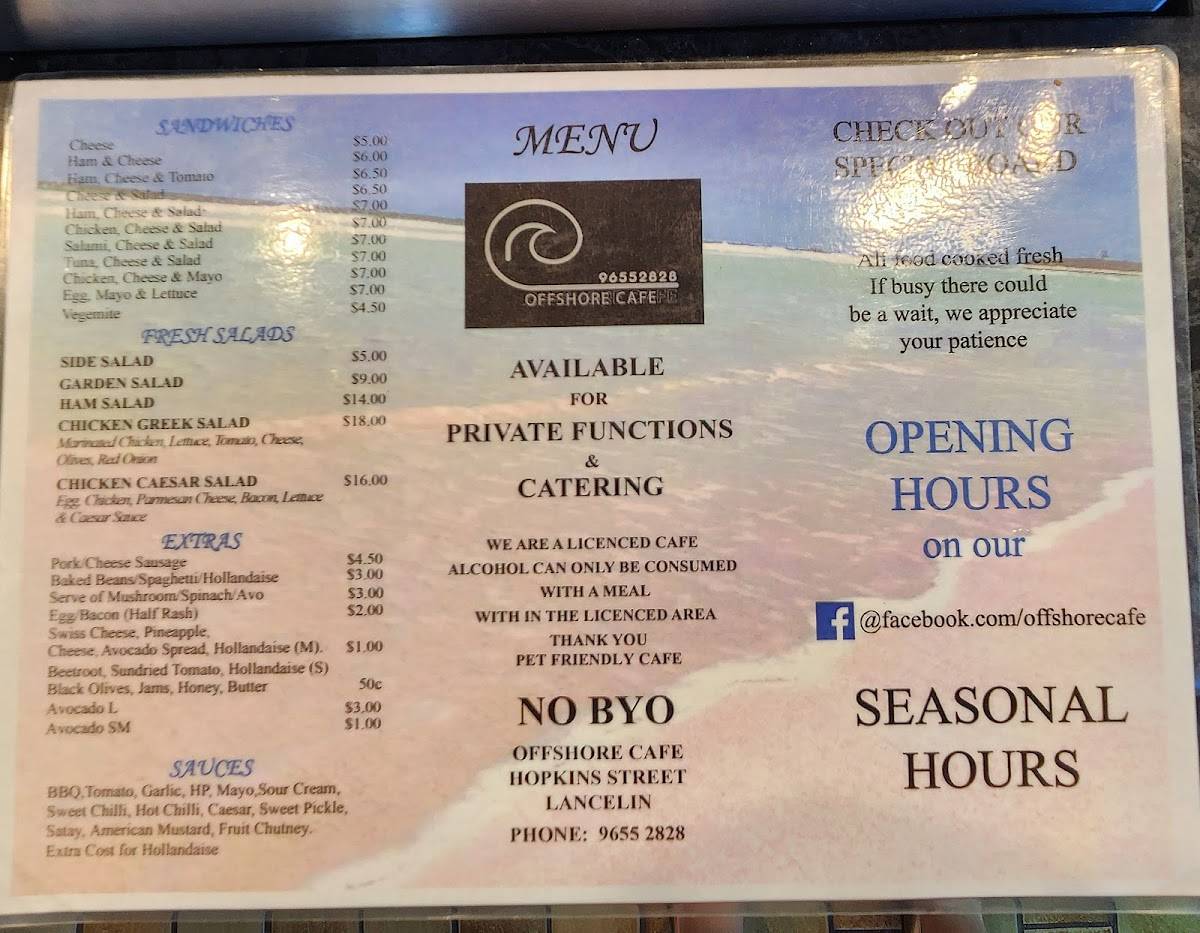 Menu at Offshore Cafe, Lancelin, 160 Gingin Rd