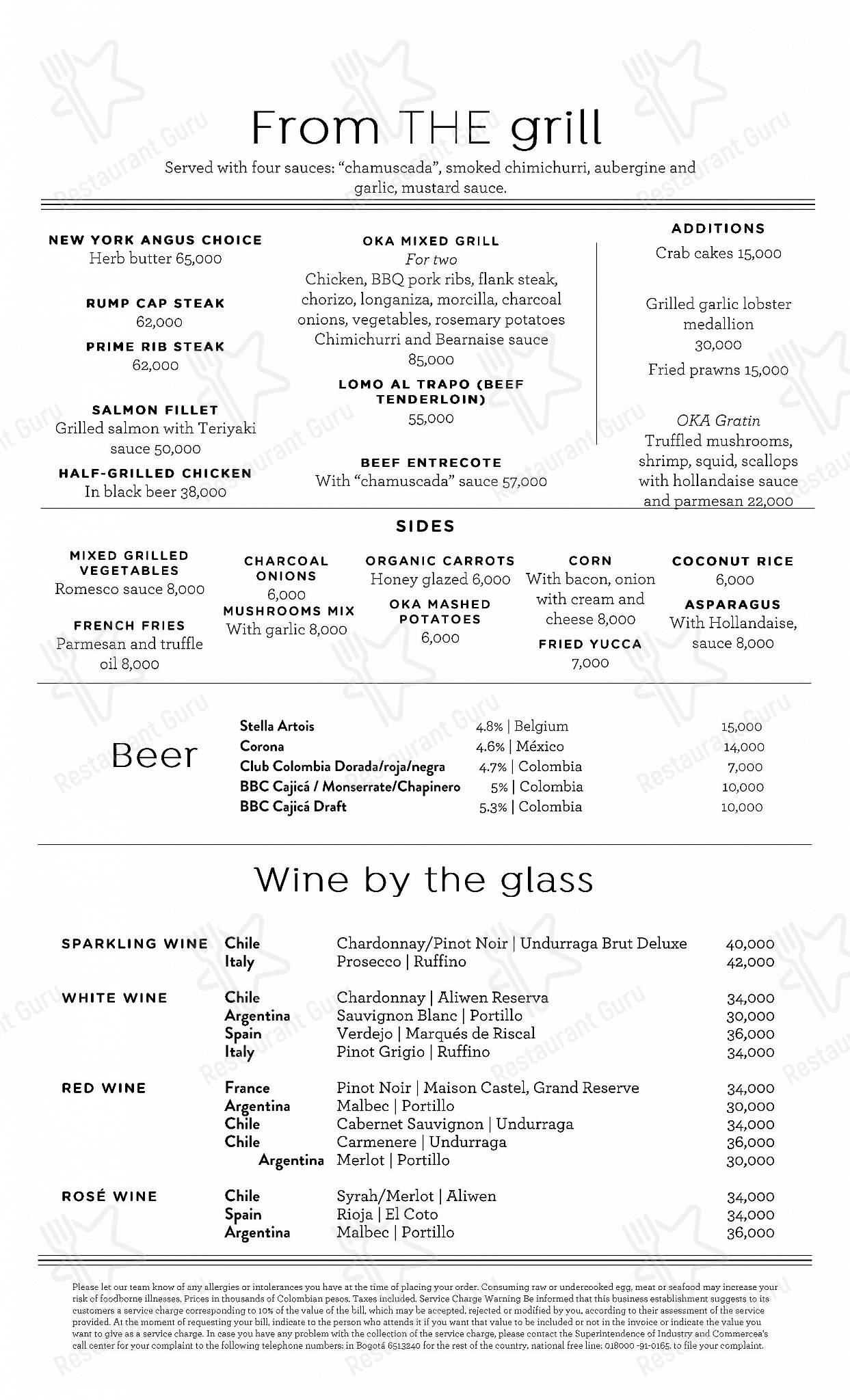 Carta del restaurante Oka Grill House, Bogotá