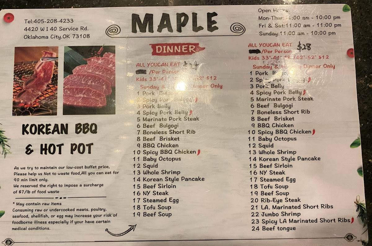 Menu at Maple Korean BBQ & Hot Pot, Oklahoma City