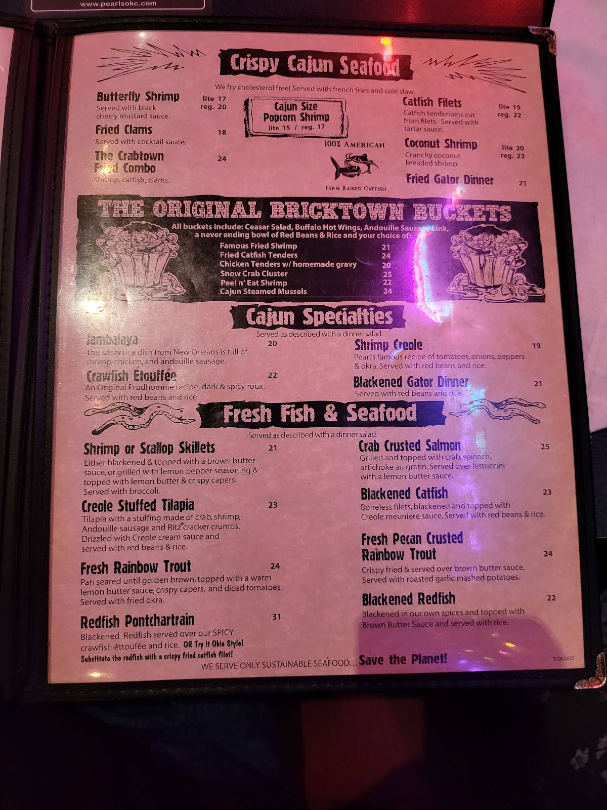 Menu at Pearl's Crabtown restaurant, Oklahoma City