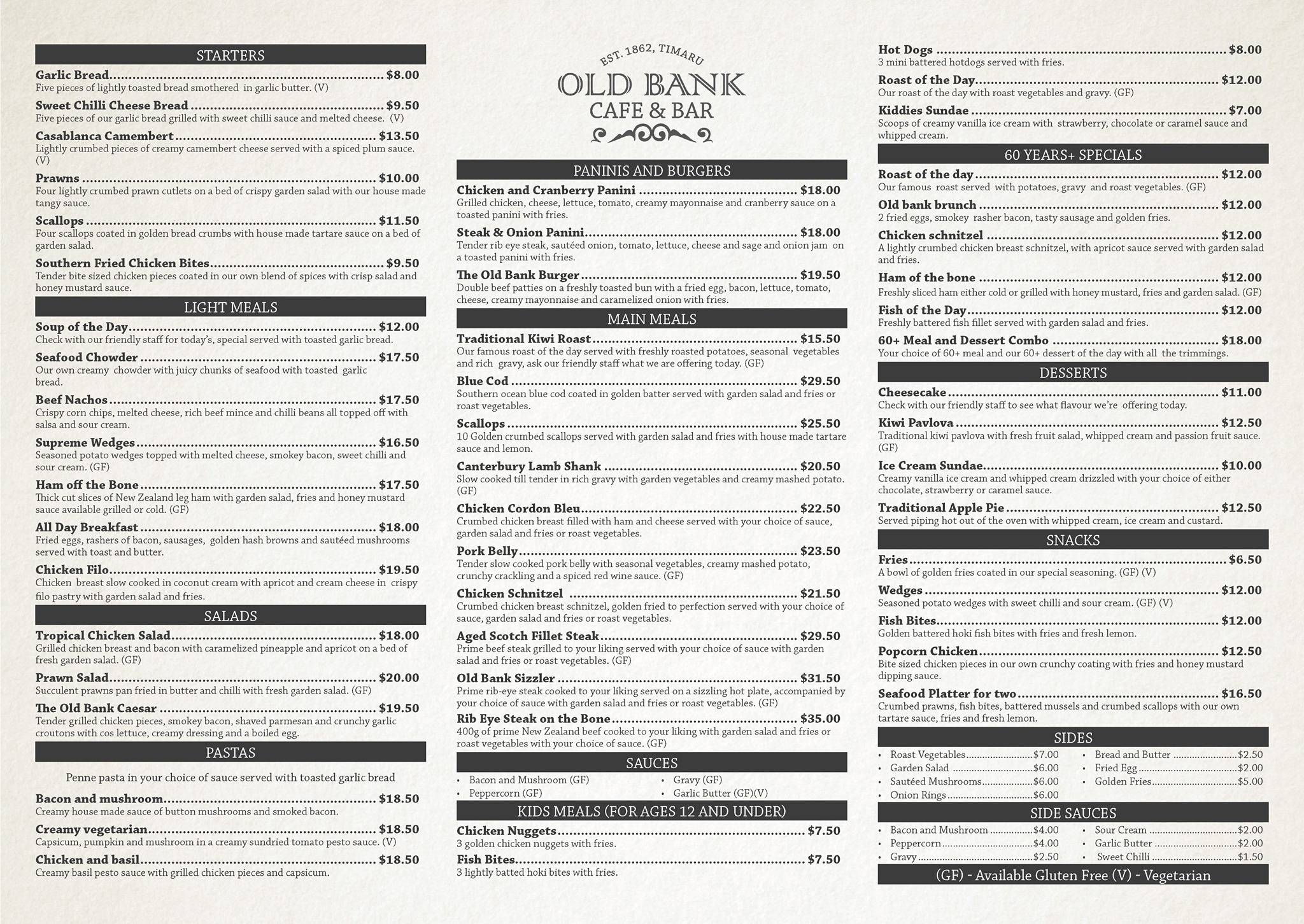 Menu at Old Bank Cafe & bar, Timaru