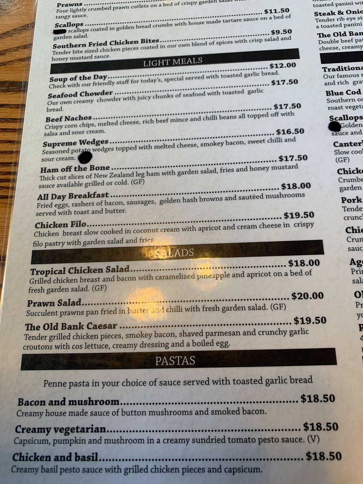 Menu at Old Bank Cafe & bar, Timaru