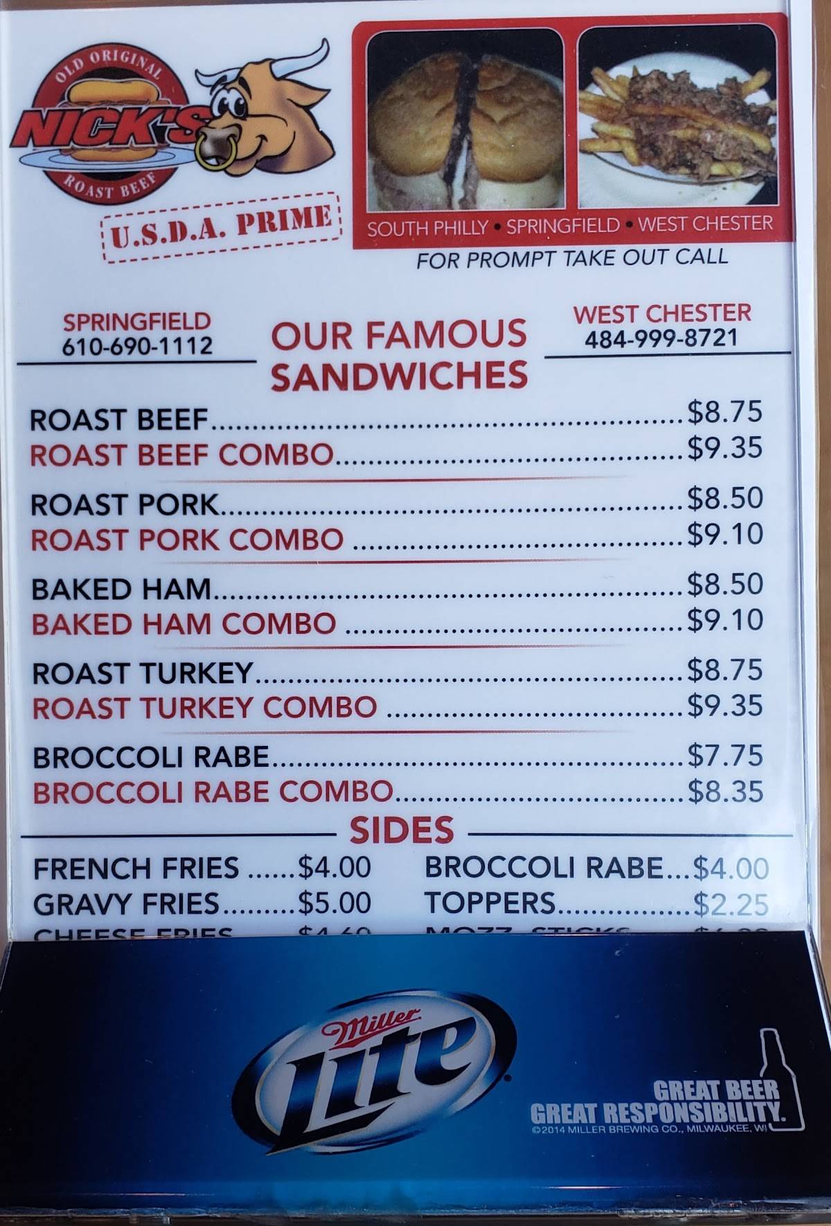 Menu at Old Original Nick's Roast Beef pub & bar, West Chester