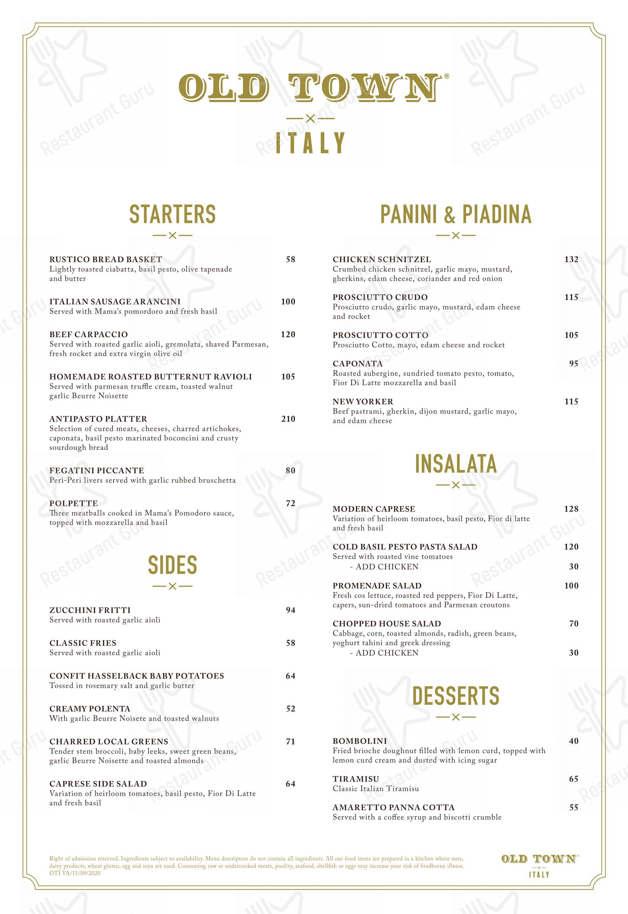 Menu at Old Town Italy Umhlanga restaurant, Durban North