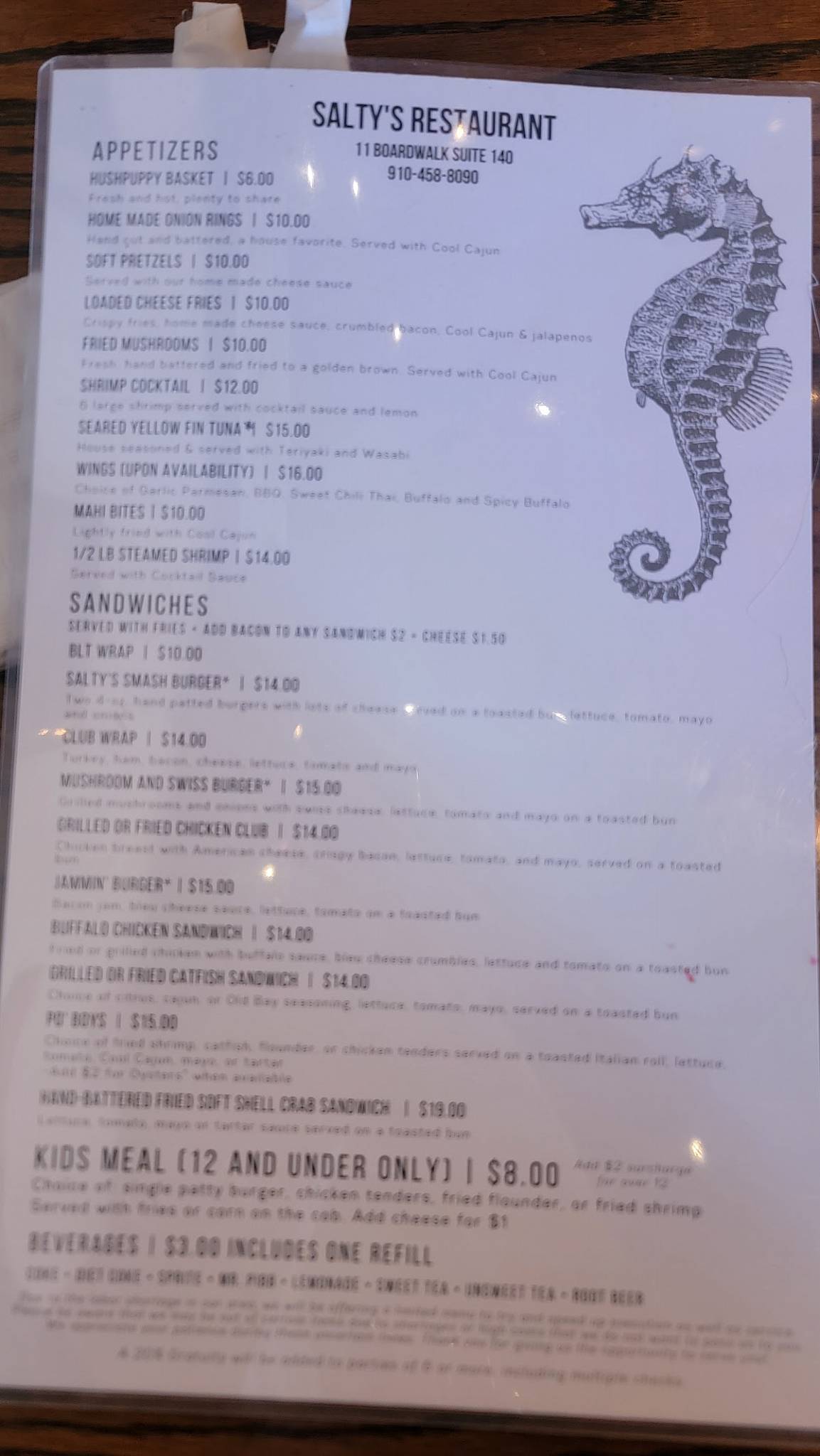 Menu at Olde Salty restaurant, Carolina Beach