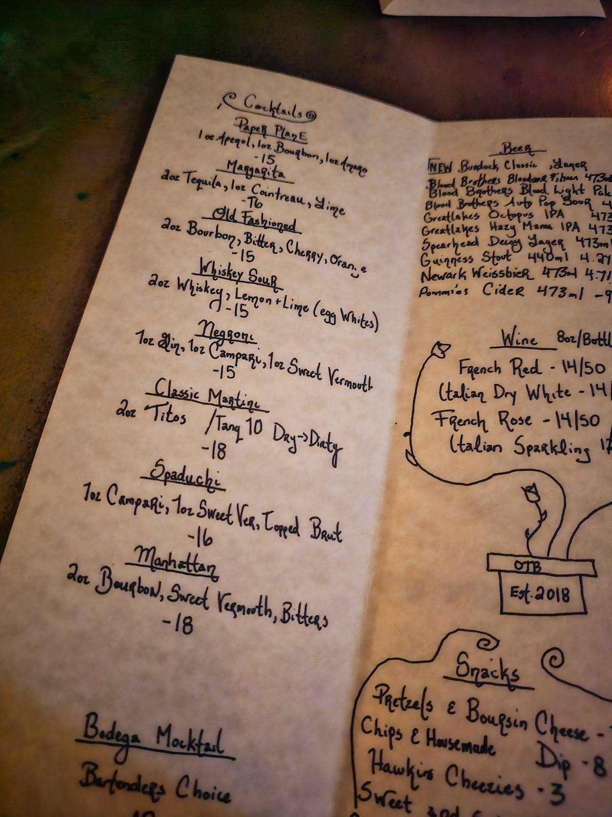 Menu at Oldtown Bodega cafe, Toronto
