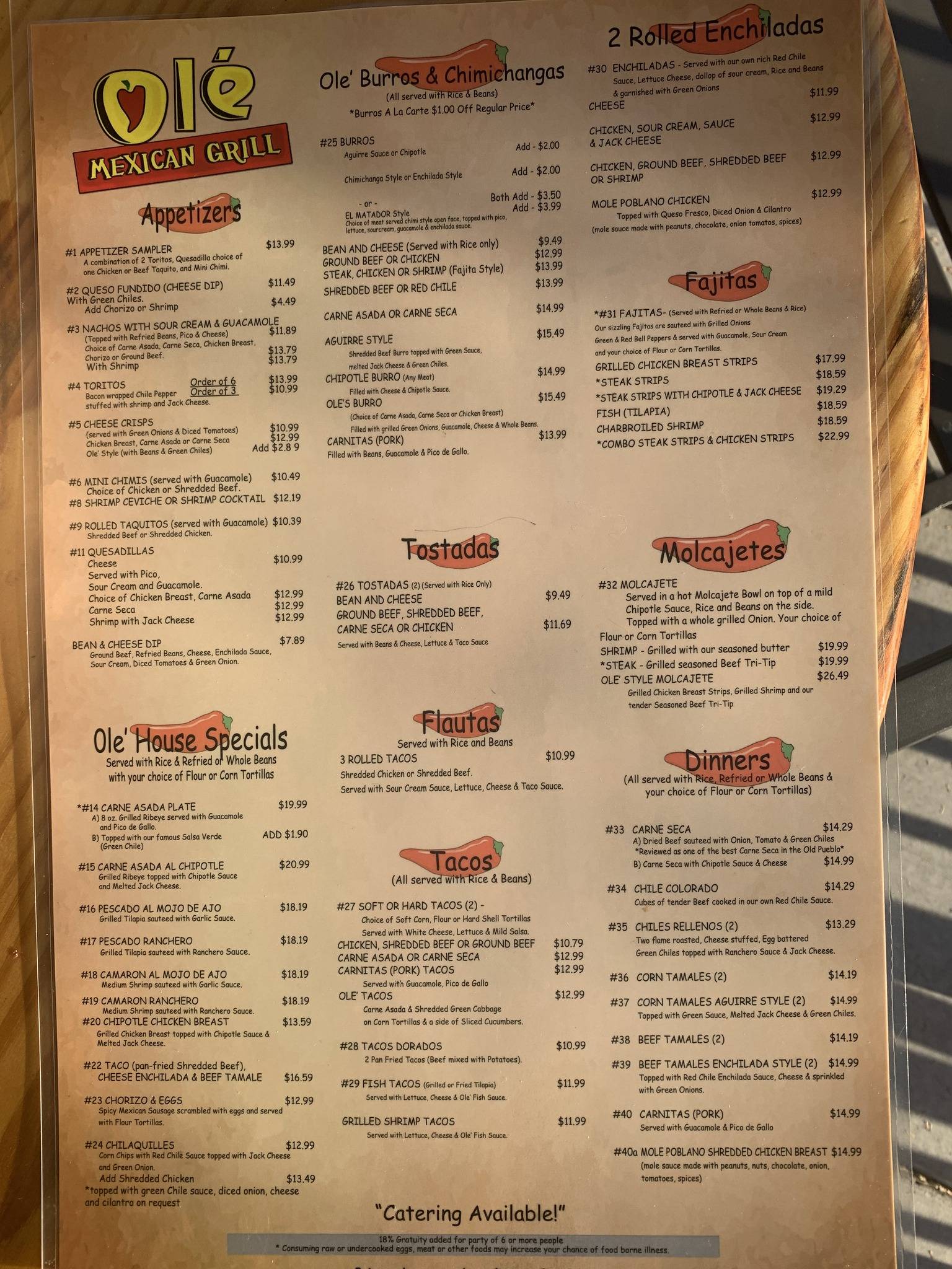 Menu at Ole' Mexican Grill restaurant, Tucson