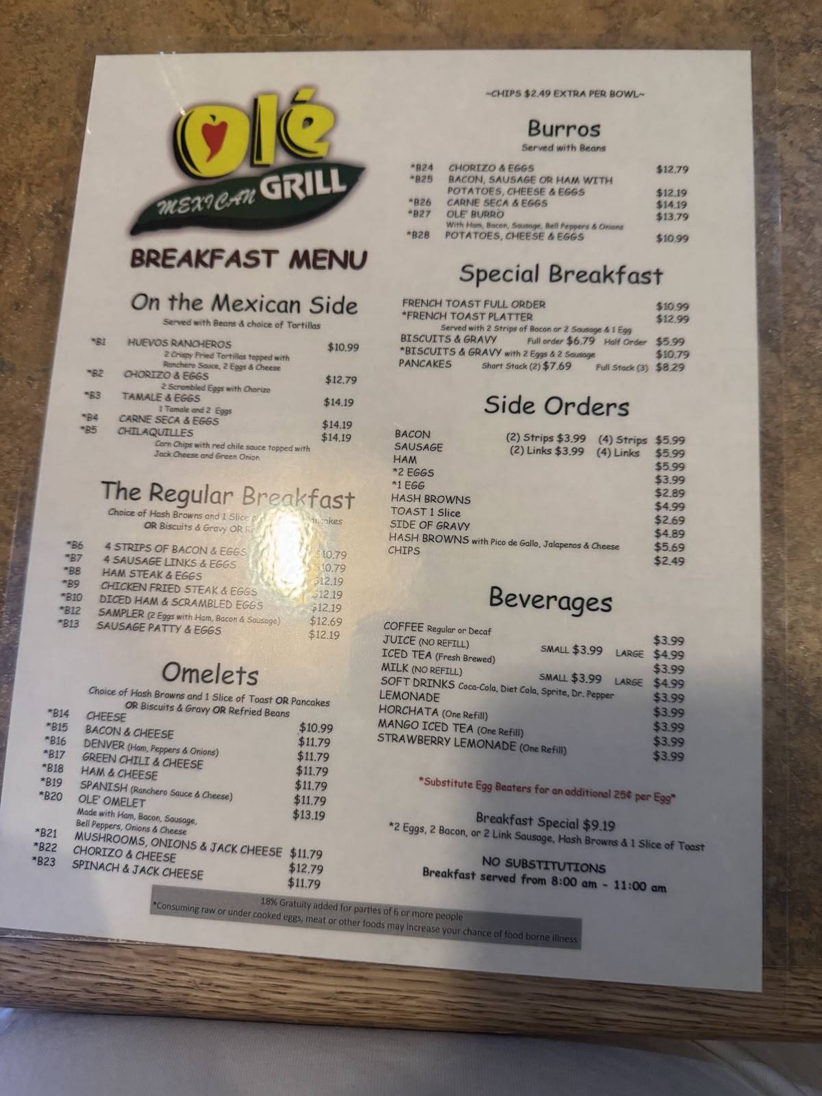 Menu at Ole' Mexican Grill restaurant, Tucson