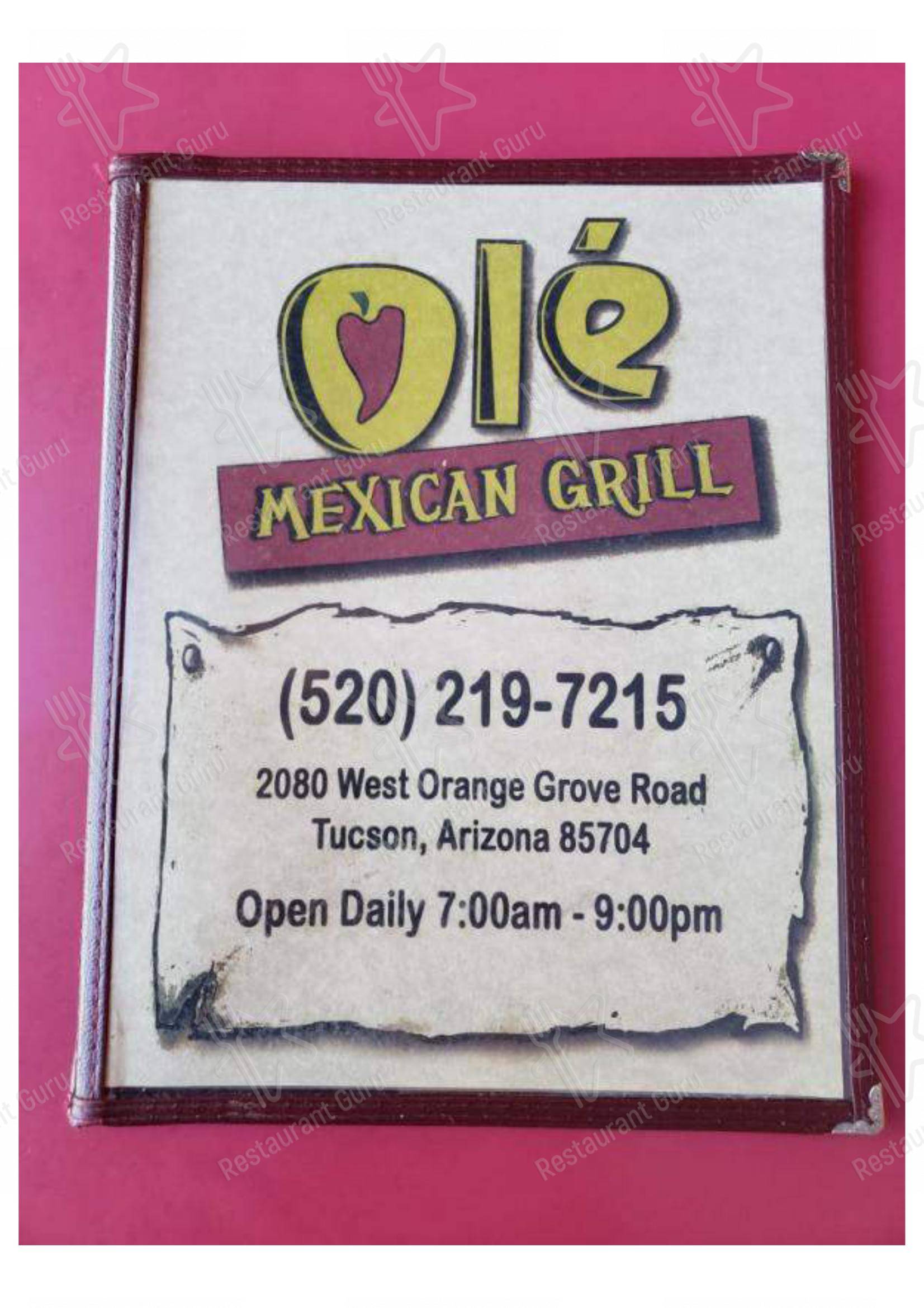 Menu at Ole' Mexican Grill restaurant, Tucson