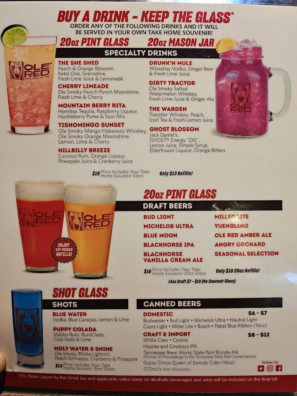 Menu at Ole Red pub & bar, Gatlinburg