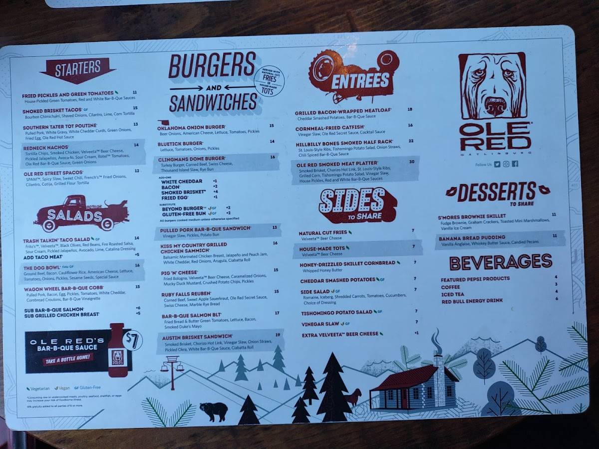 Menu at Ole Red pub & bar, Gatlinburg