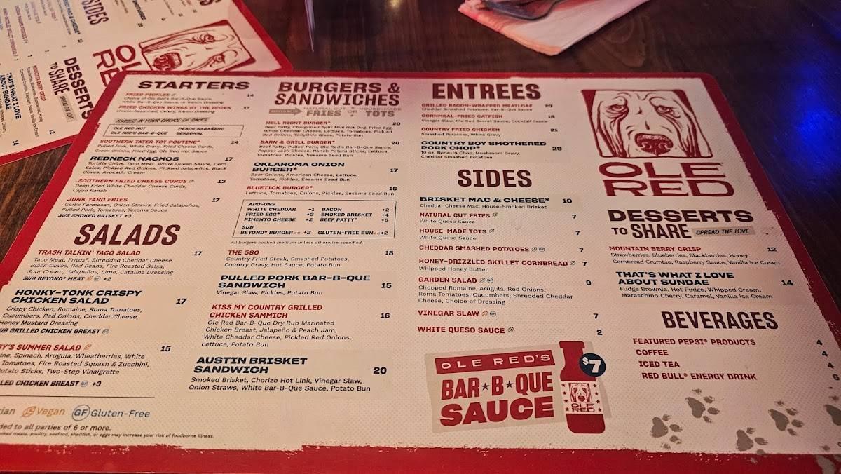 Menu at Ole Red pub & bar, Gatlinburg