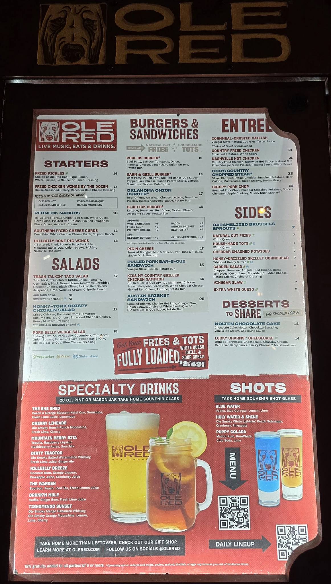 Menu at Ole Red pub & bar, Gatlinburg