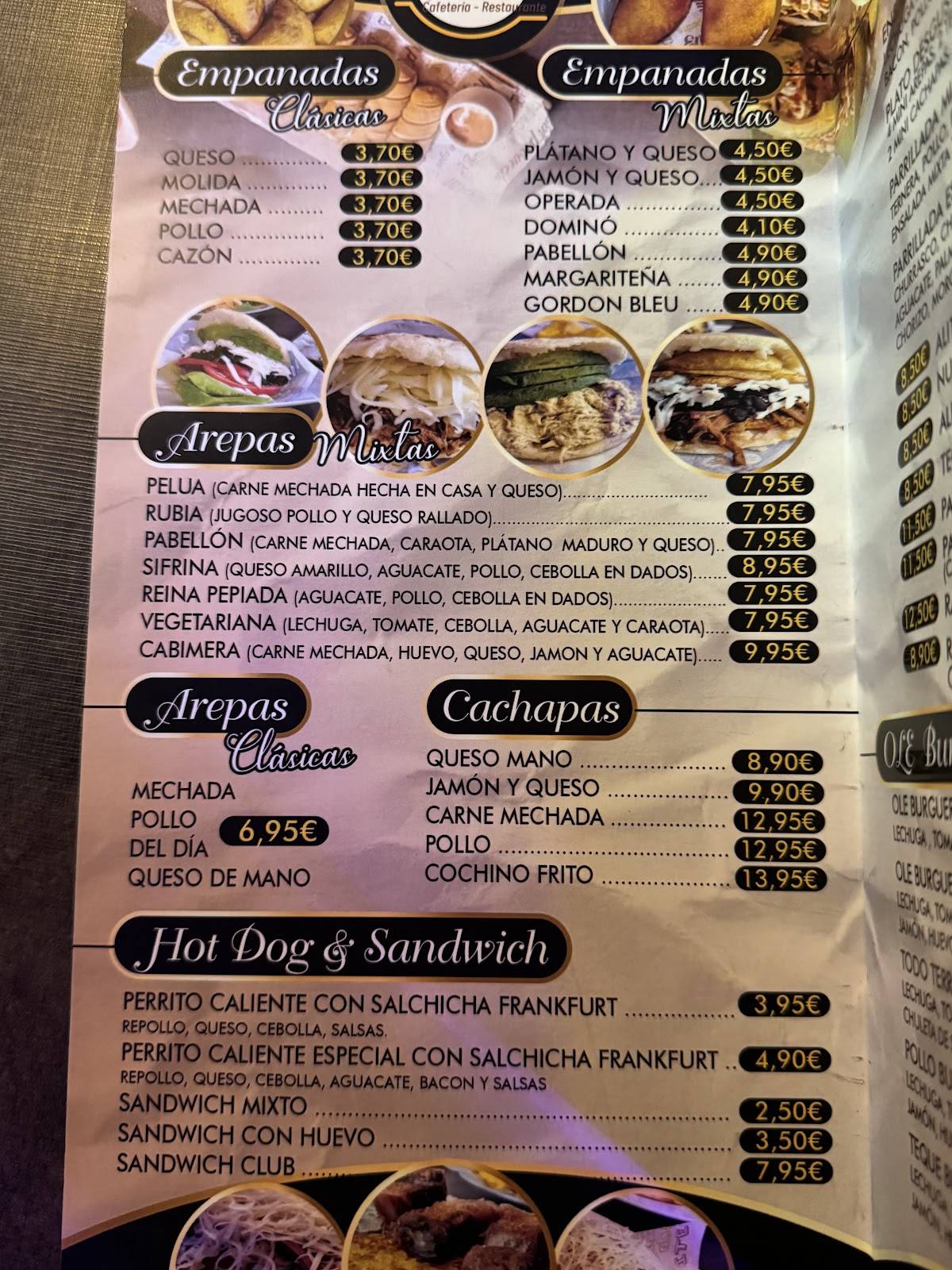 Carta del restaurante Olé Venezuela, Torrejón del Ardoz