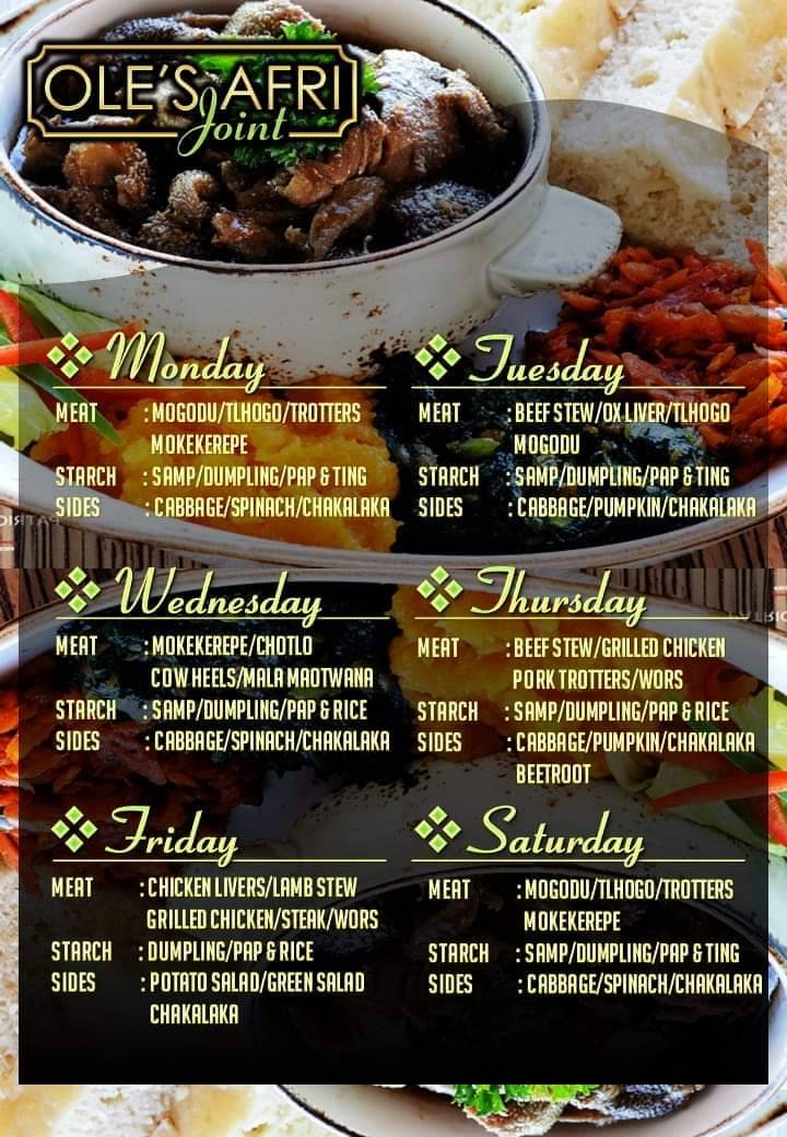 Menu at Ole's Afri Joint restaurant, Akasia