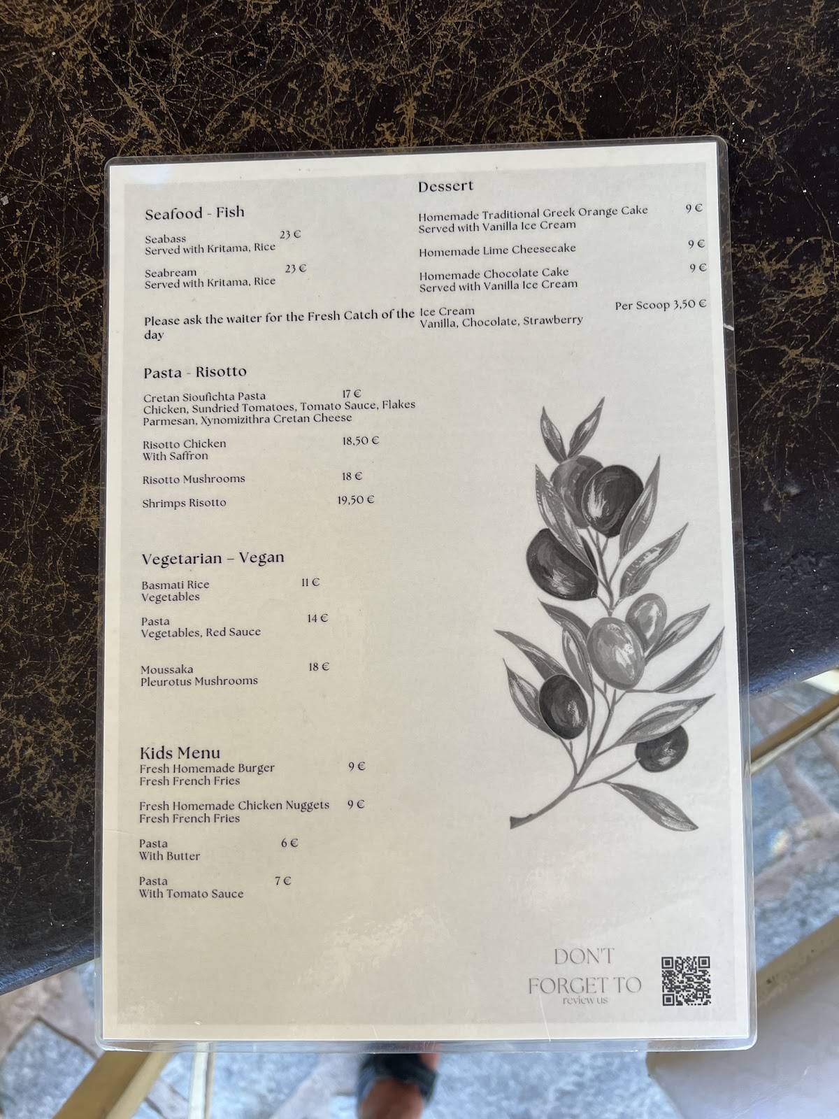 Menu at Olive Thea restaurant, Skiathos