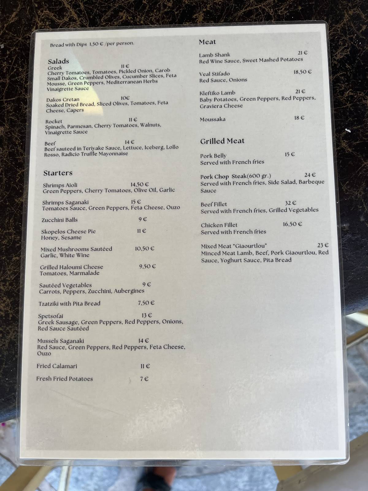 Menu at Olive Thea restaurant, Skiathos