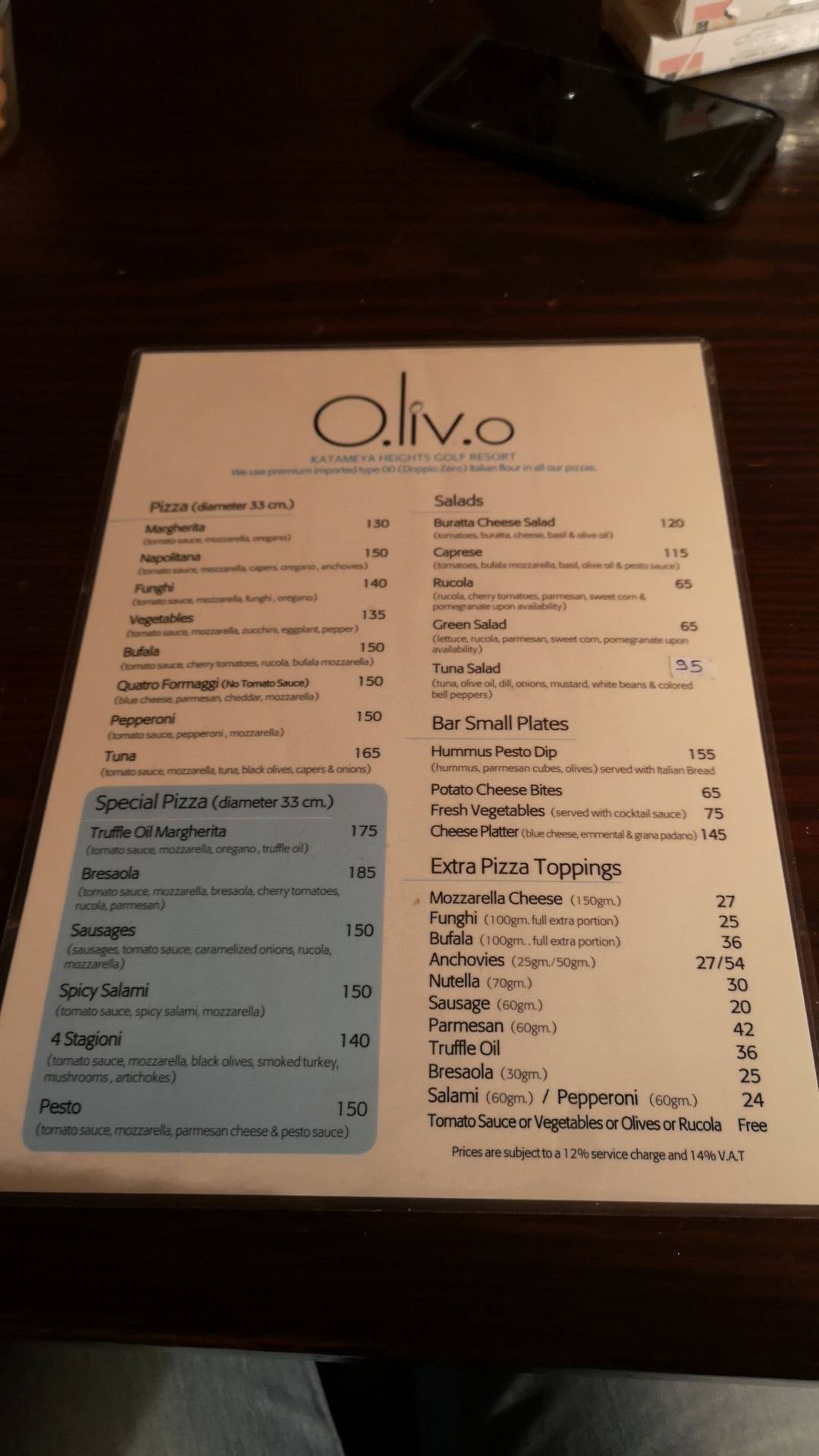 Menu au Olivo Pizza & Bar Katameya, Nouveau Caire