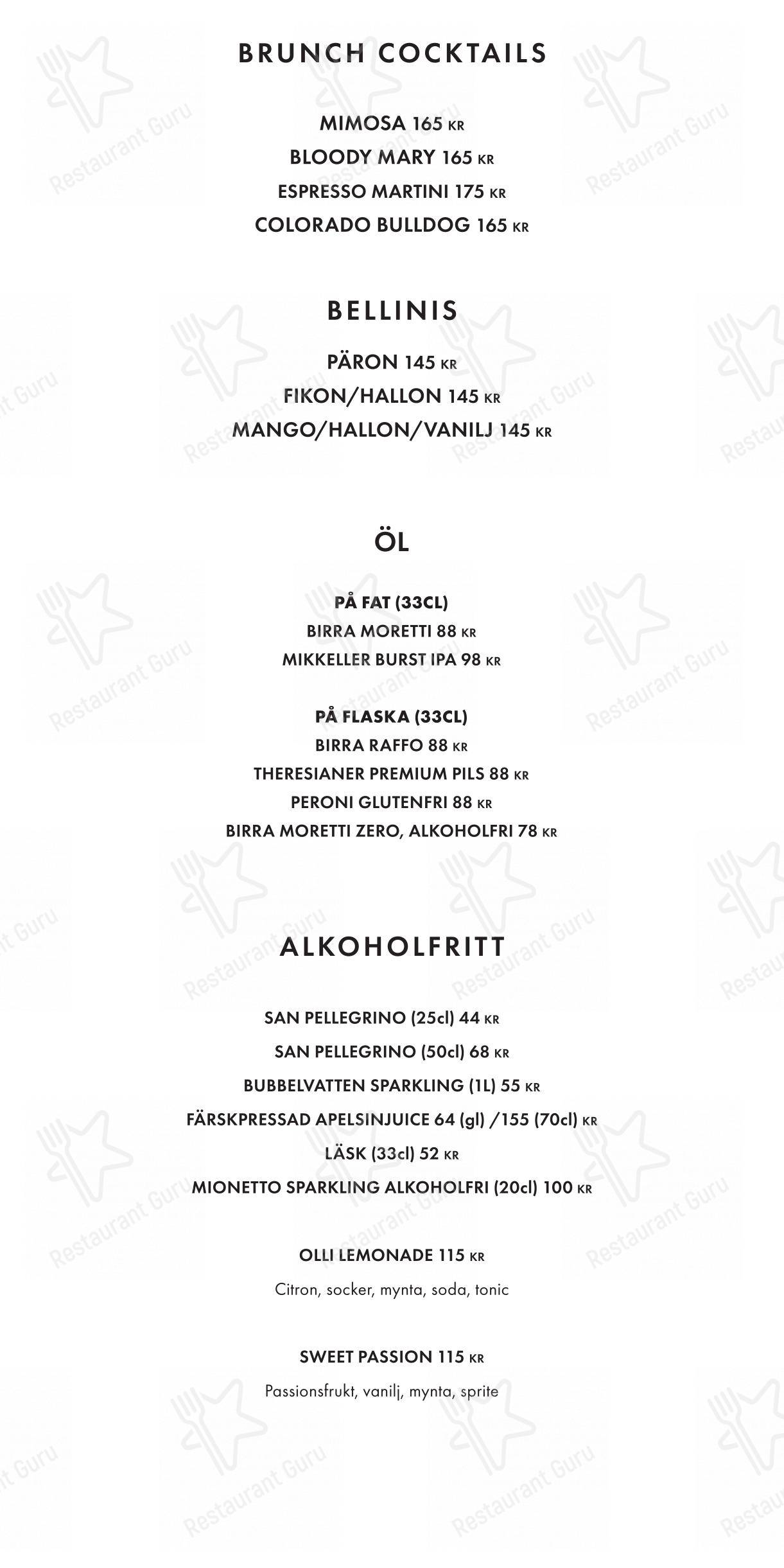 Menu at Olli Ristorante restaurant, Stockholm