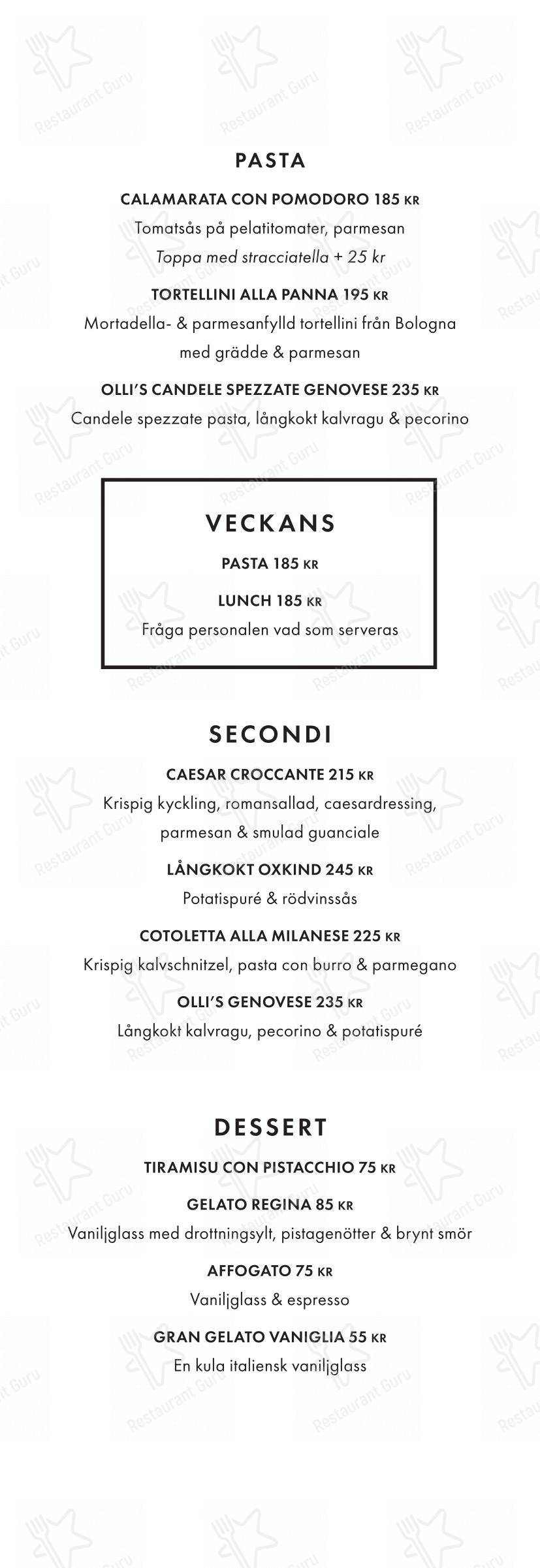 Menu at Olli Ristorante restaurant, Stockholm