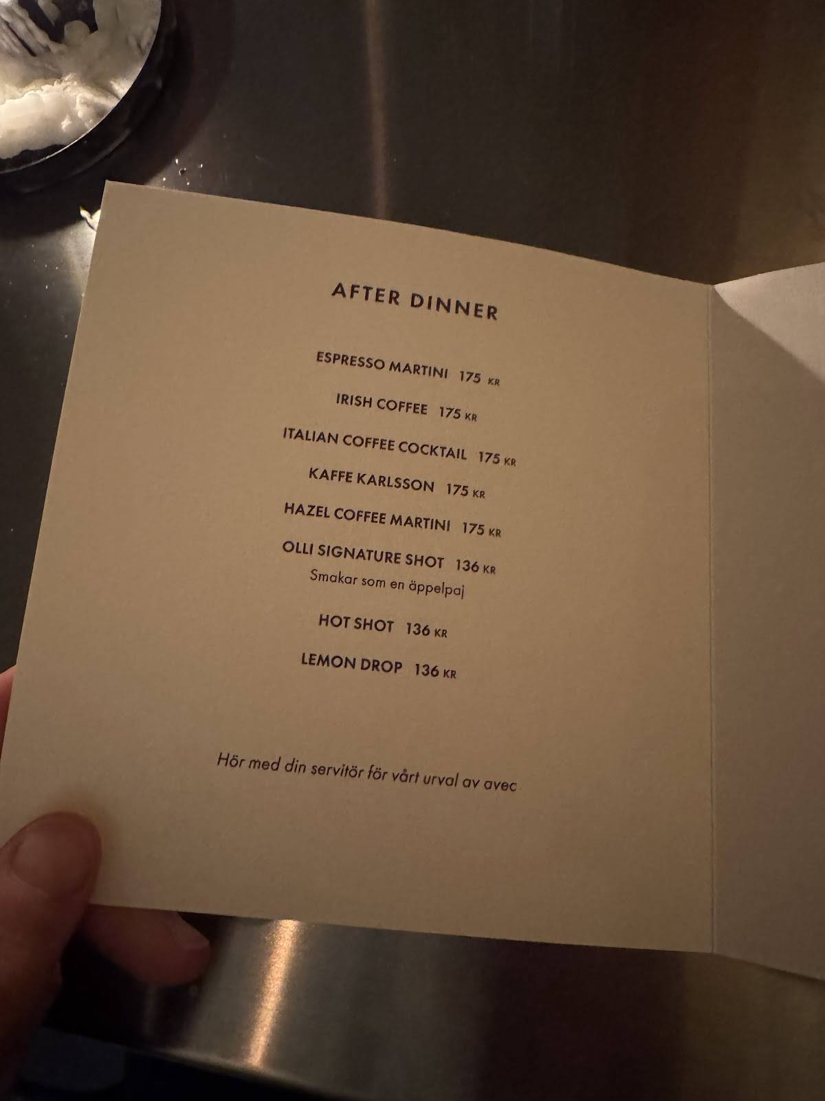 Menu at Olli Ristorante restaurant, Stockholm