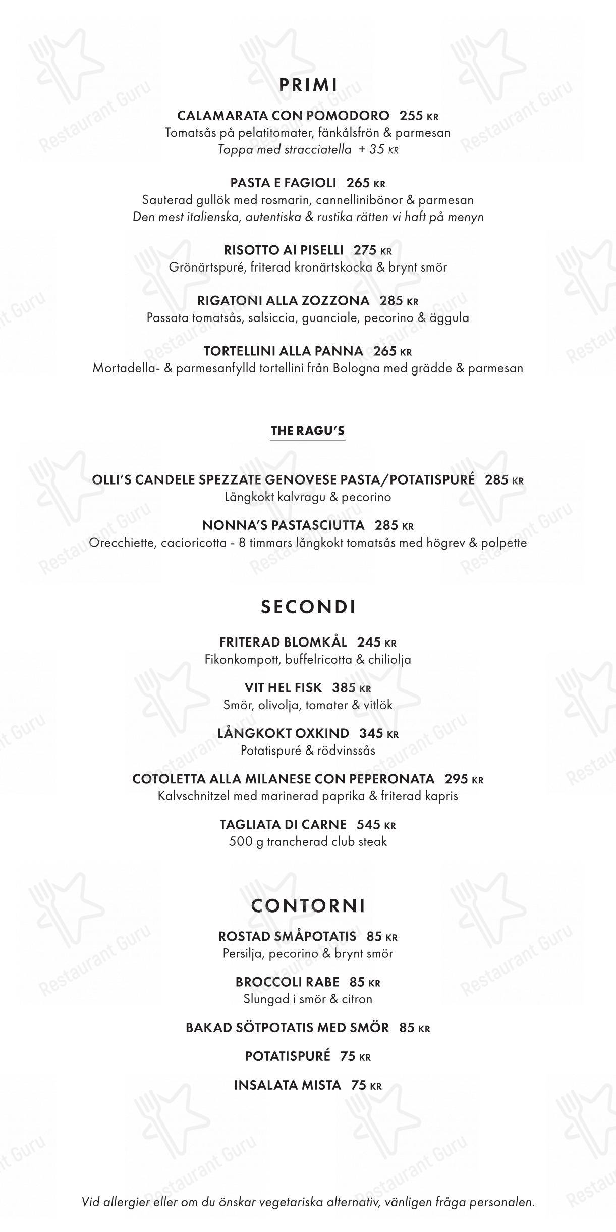 Menu at Olli Ristorante restaurant, Stockholm