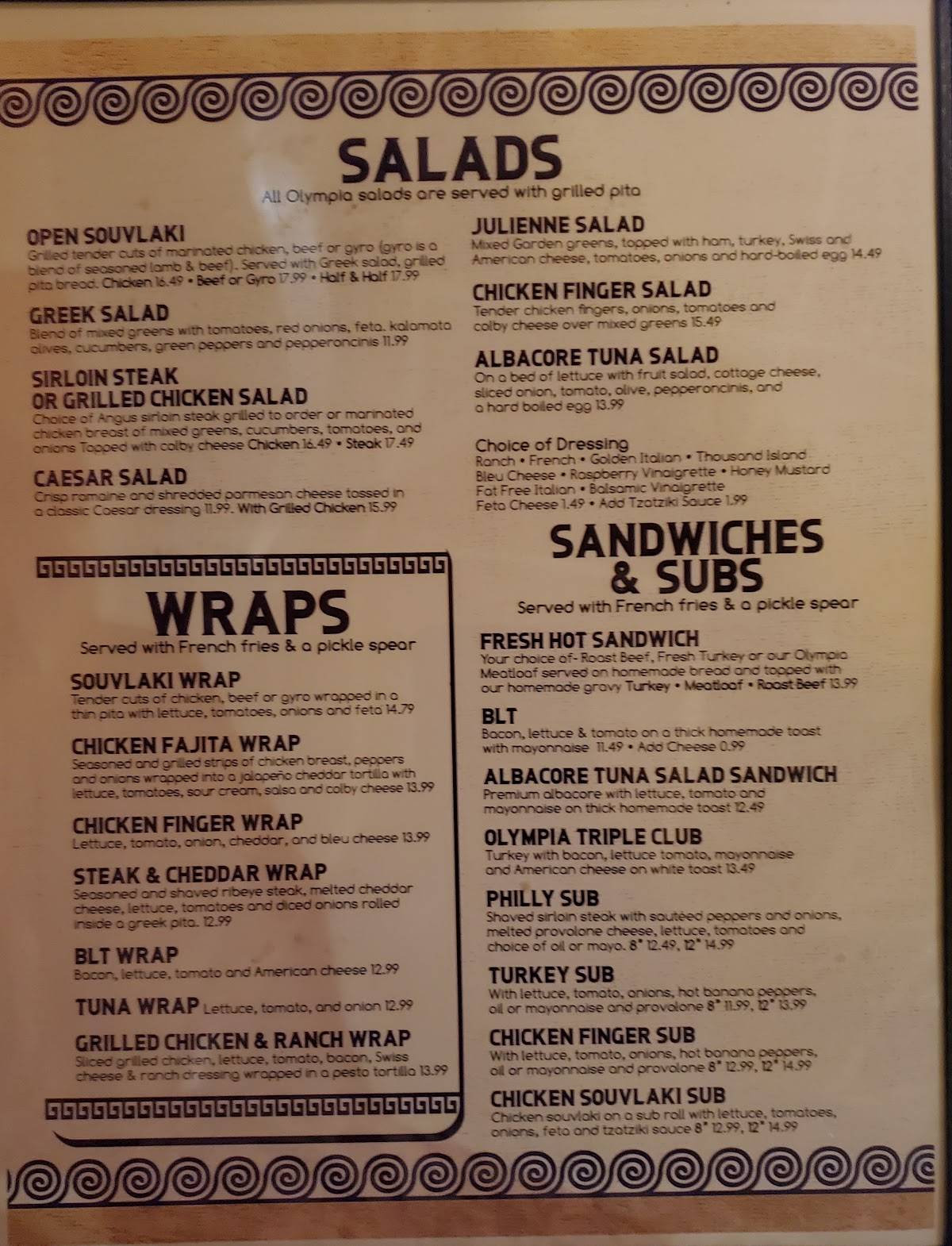 Menu at Olympia Restaurant, North Tonawanda