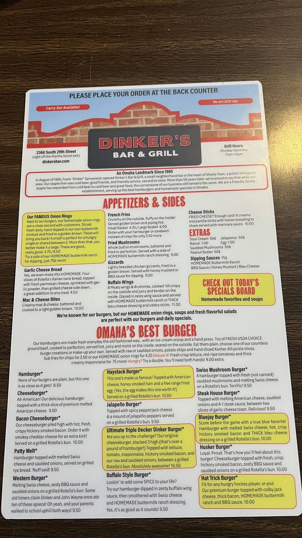 Menu at Dinker's Bar and Grill, Omaha