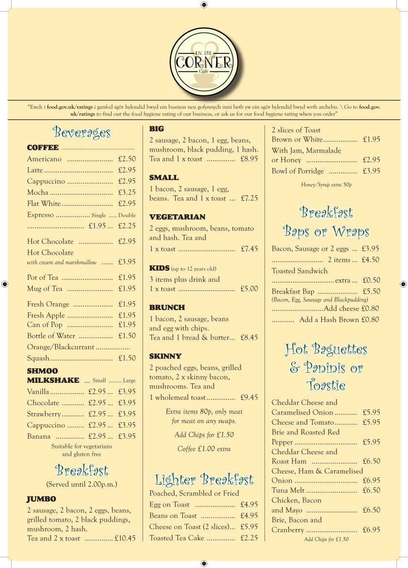 Menu at On The Corner Cafe, Caerwys