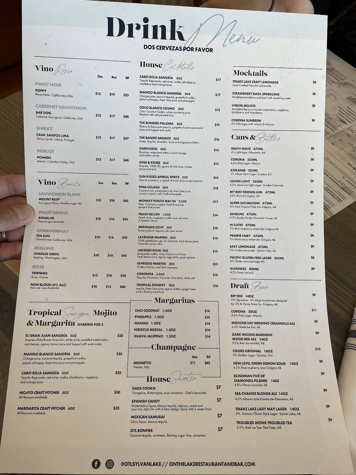 Menu at On The Lake restaurant, Sylvan Lake