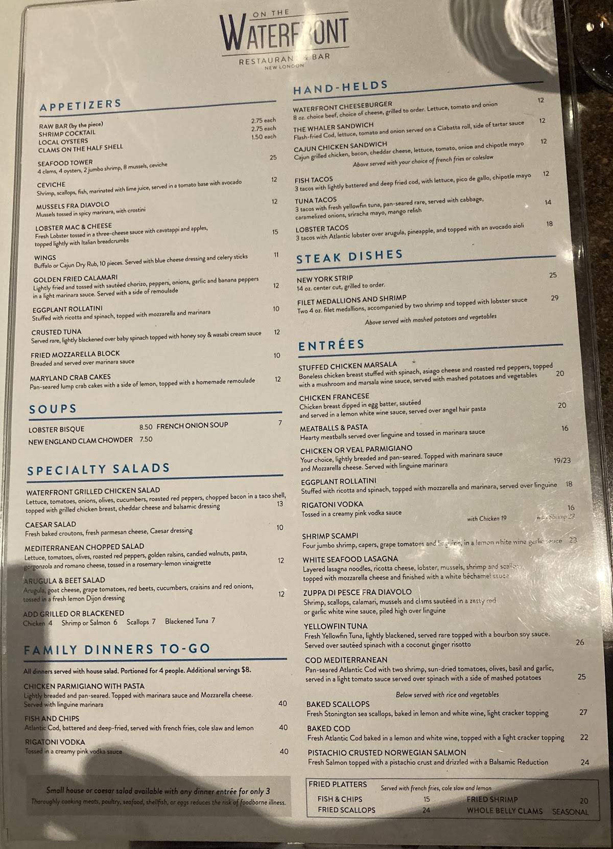Menu at On The Waterfront Restaurant, New London