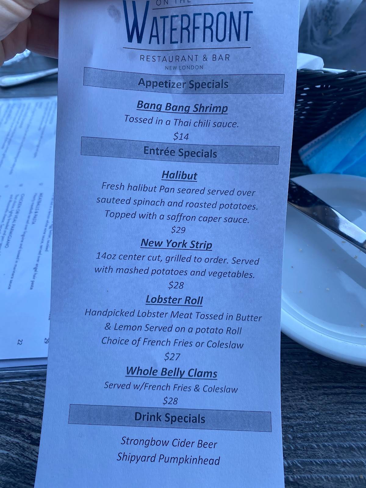 Menu at On The Waterfront Restaurant, New London