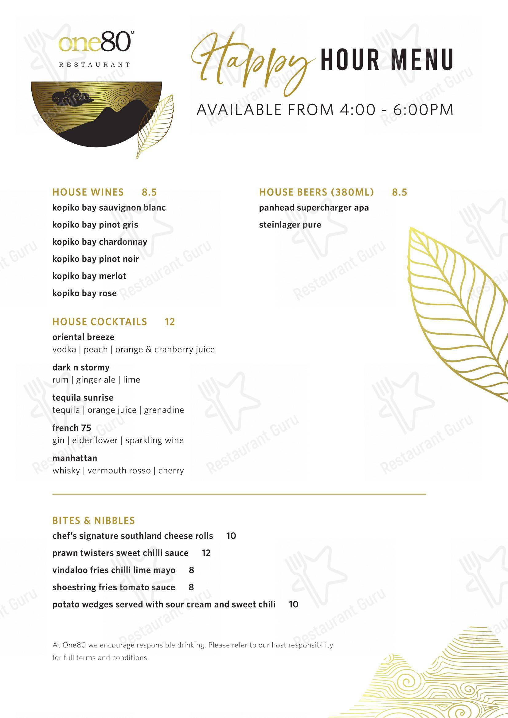Menu at One80 Restaurant & Lounge Bar, Wellington, Wellington