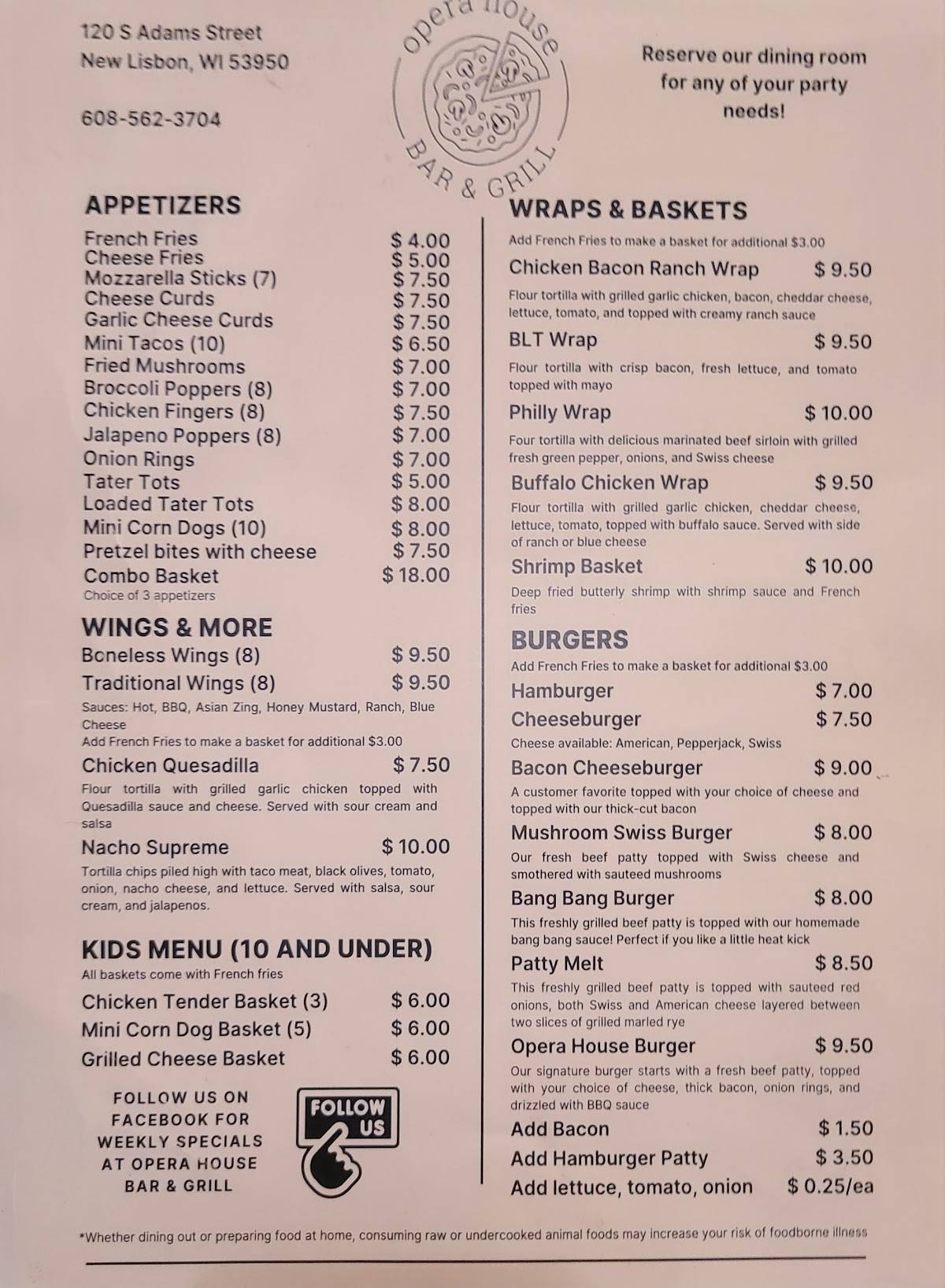Menu at Opera House Bar & Grill, New Lisbon, 120 S Adams St