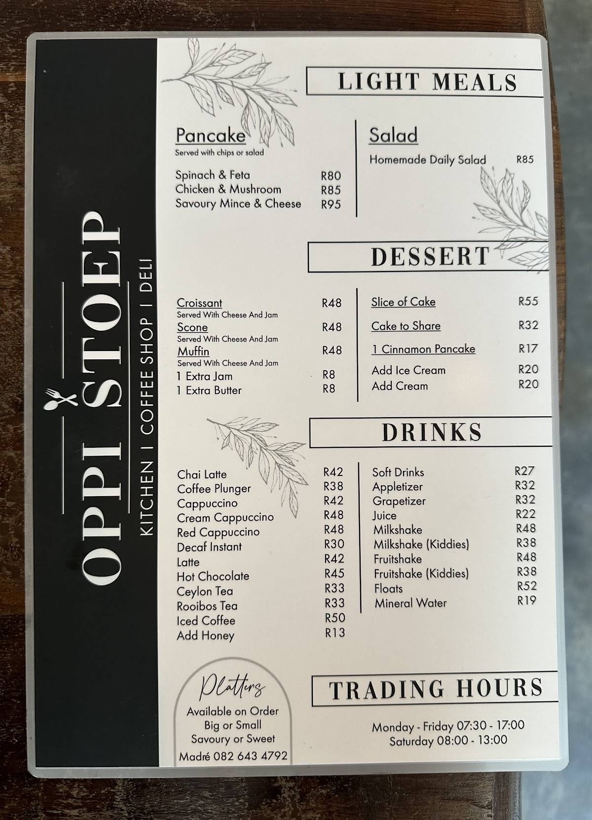 Menu at Oppi Stoep, Bredasdorp