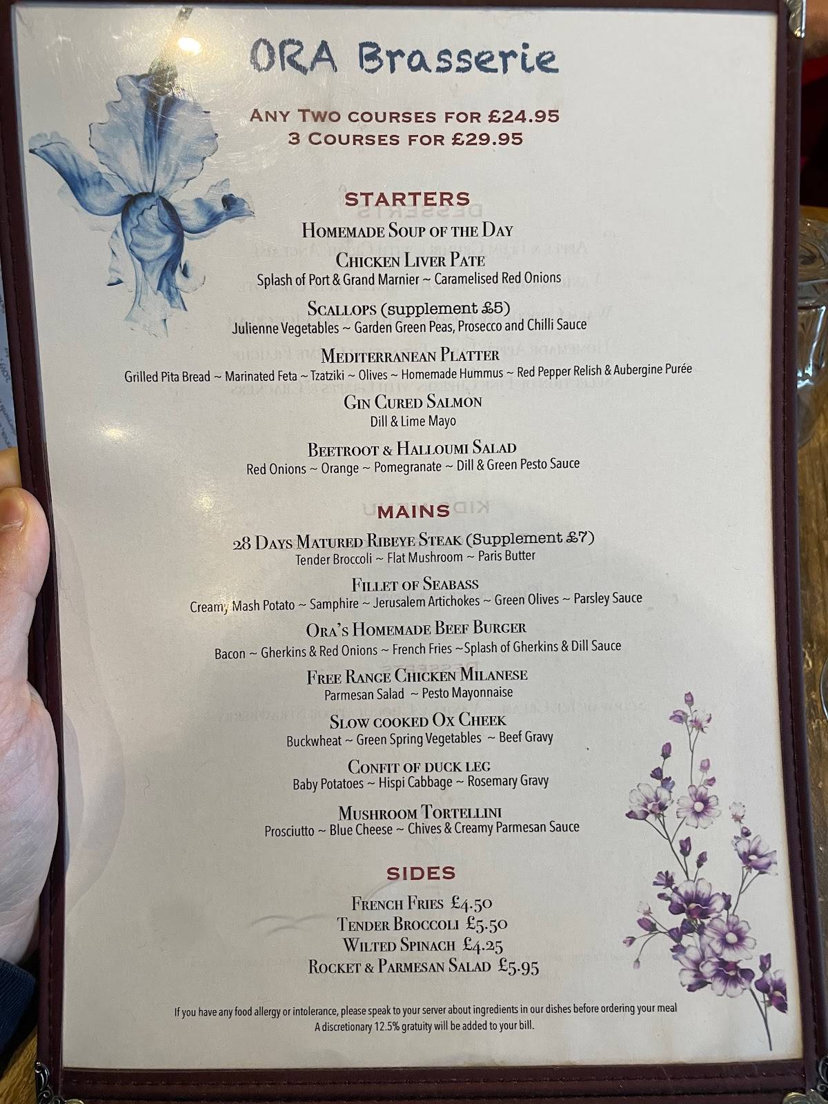Menu at Ora Brasserie restaurant, Ruislip, 117-119 Victoria Rd
