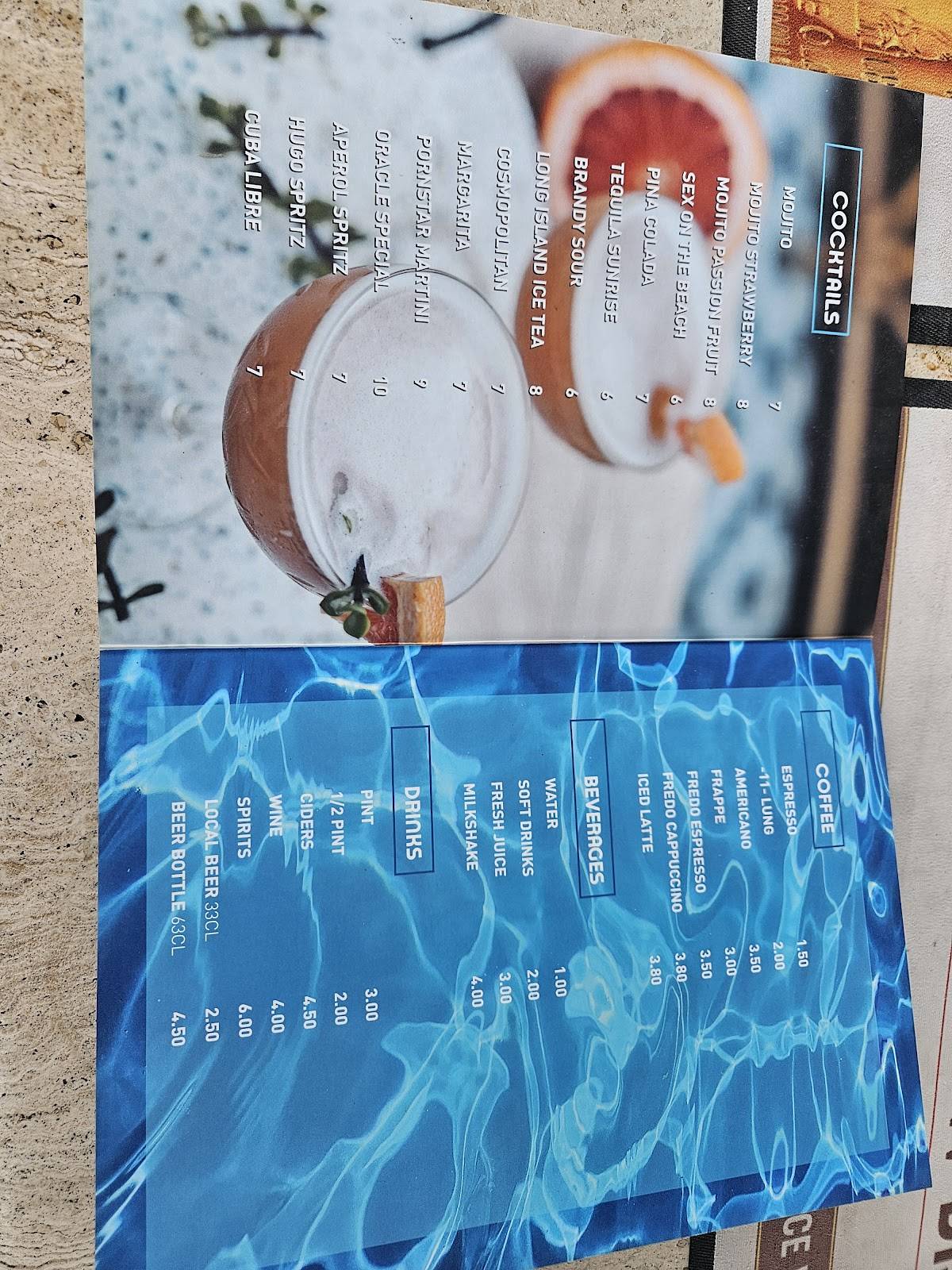 Menu at Oracle pool bar, Paphos