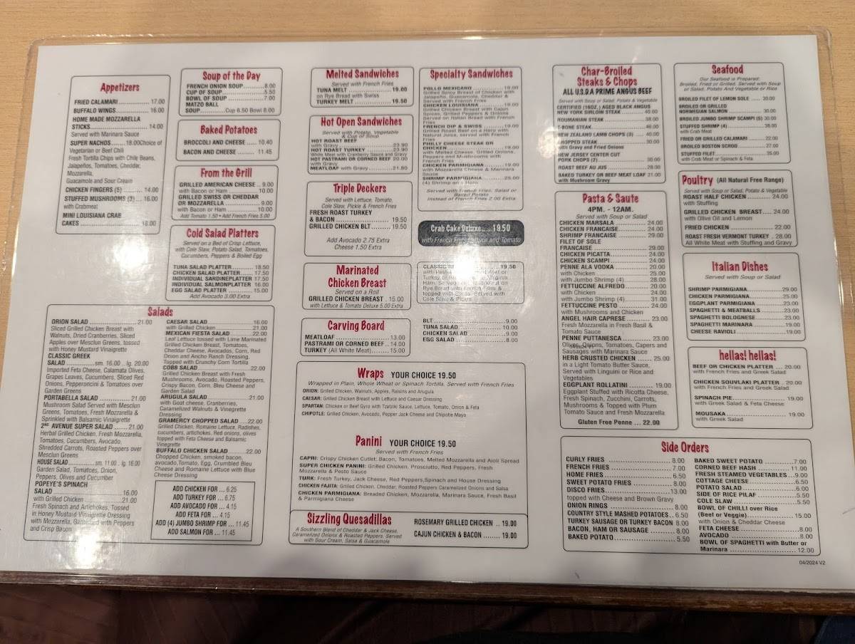 Carta del restaurante Orion Diner & Grill, Nueva York