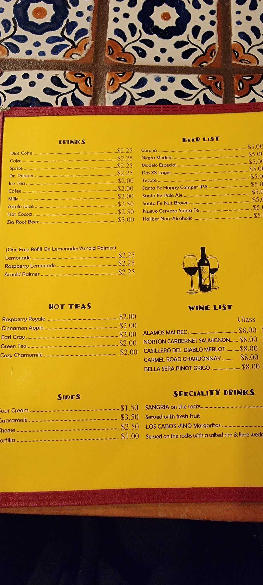 Menu at Orlando's restaurant, Taos, Don Juan Valdez Ln