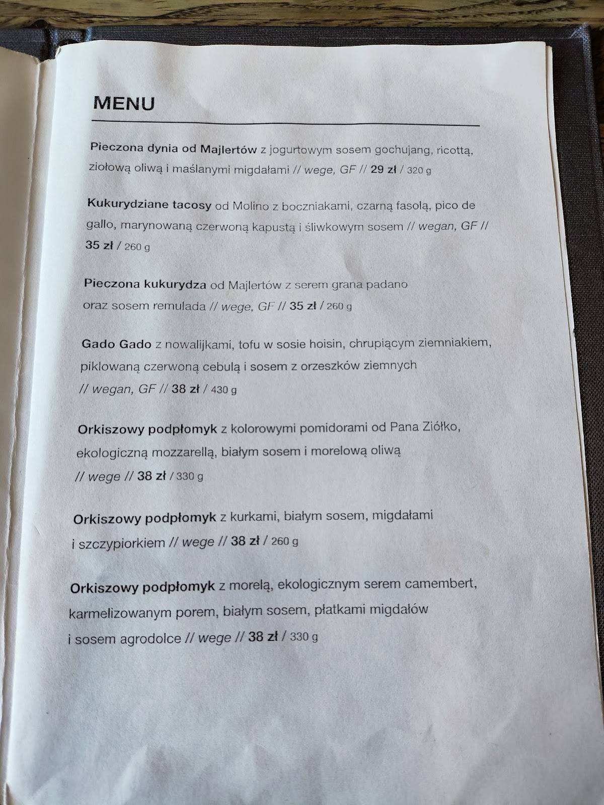 Menu at Ósma Kolonia restaurant, Warsaw
