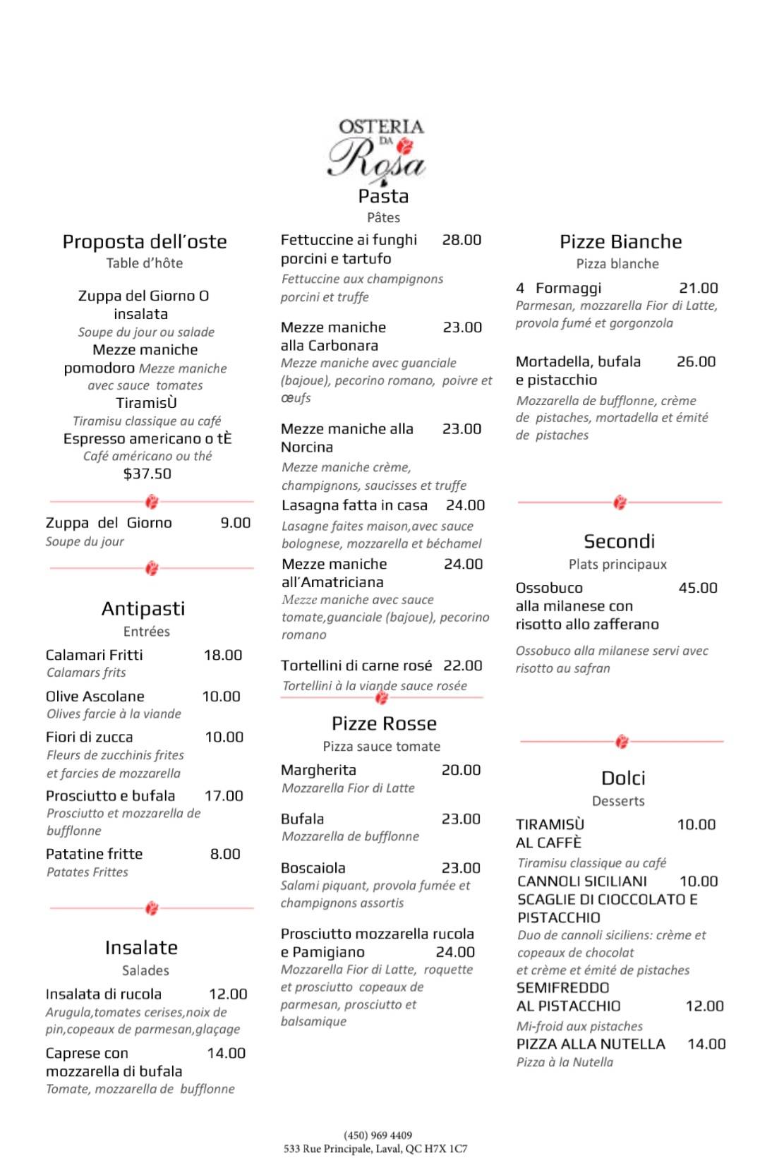 Menu au Osteria da Rosa restaurant, Laval