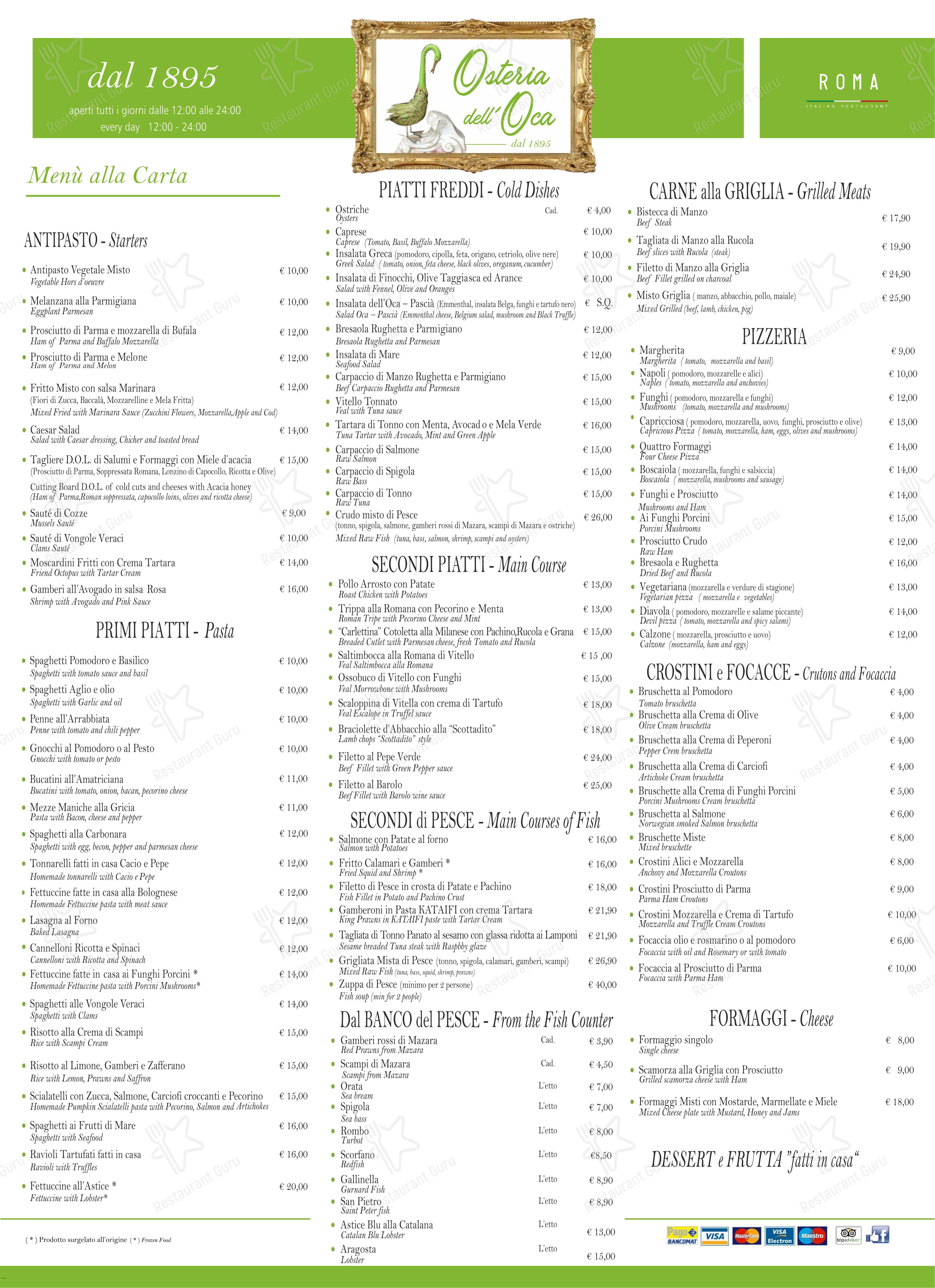 Menu at Osteria dell'Oca, Rome