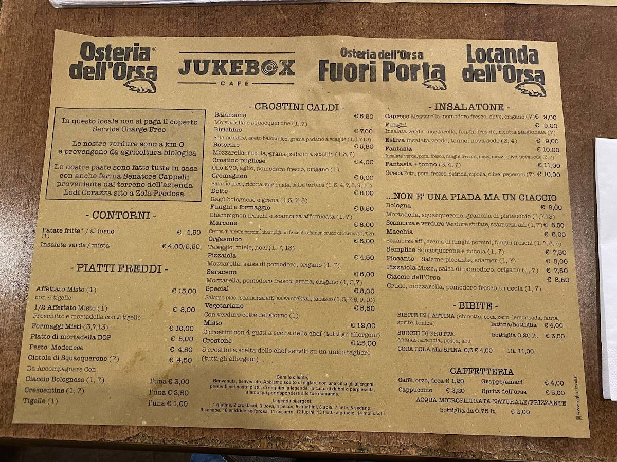 Menu at Osteria dell'Orsa restaurant, Bologna