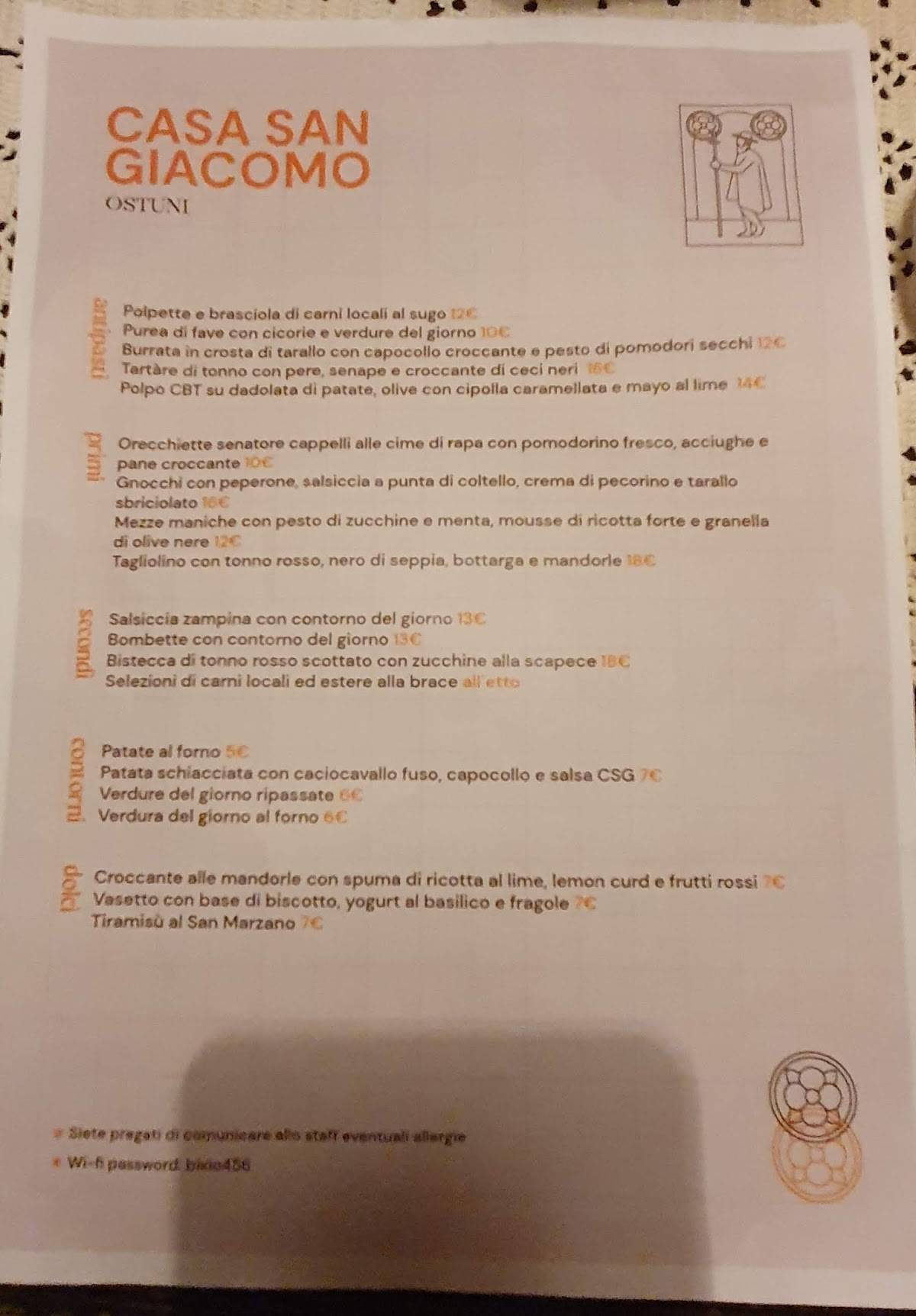 Menu at Casa San Giacomo Ostuni restaurant, Ostuni