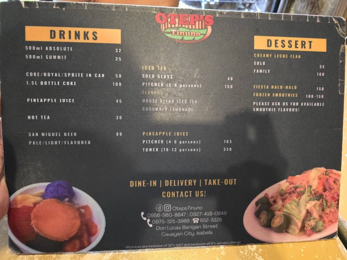 Menu at Otep's Tinuno restaurant, Cauayan City